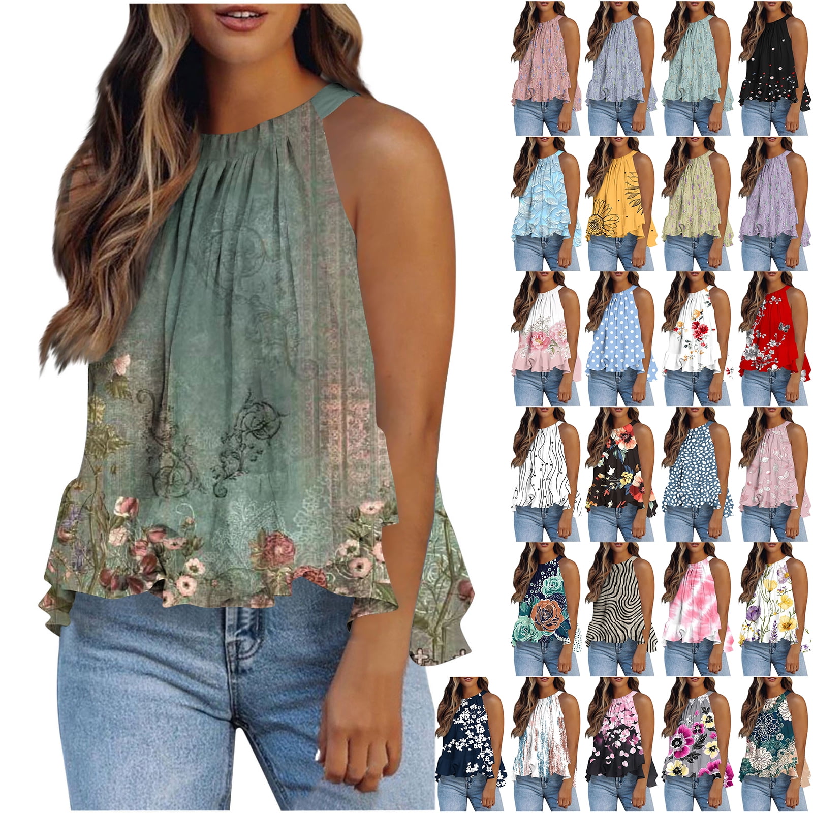 JTZGDY Women's Summer Halter Neck Tank Tops Cute Floral Printed Sleeveless Shirt Loose Pleated ...
