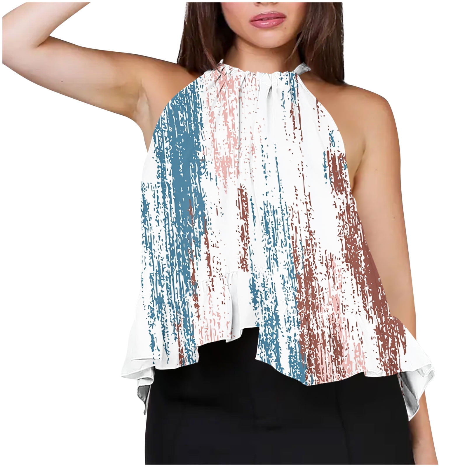 JTZGDY Women's Summer Halter Neck Tank Tops Cute Floral Printed Sleeveless Shirt Loose Pleated ...