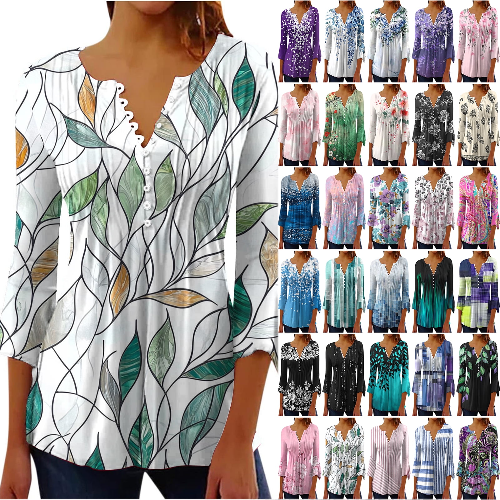 JTZGDY Womens Button Henley Shirts Casual Boho Floral Printed Summer 3/4 Bell Sleeve V Neck ...