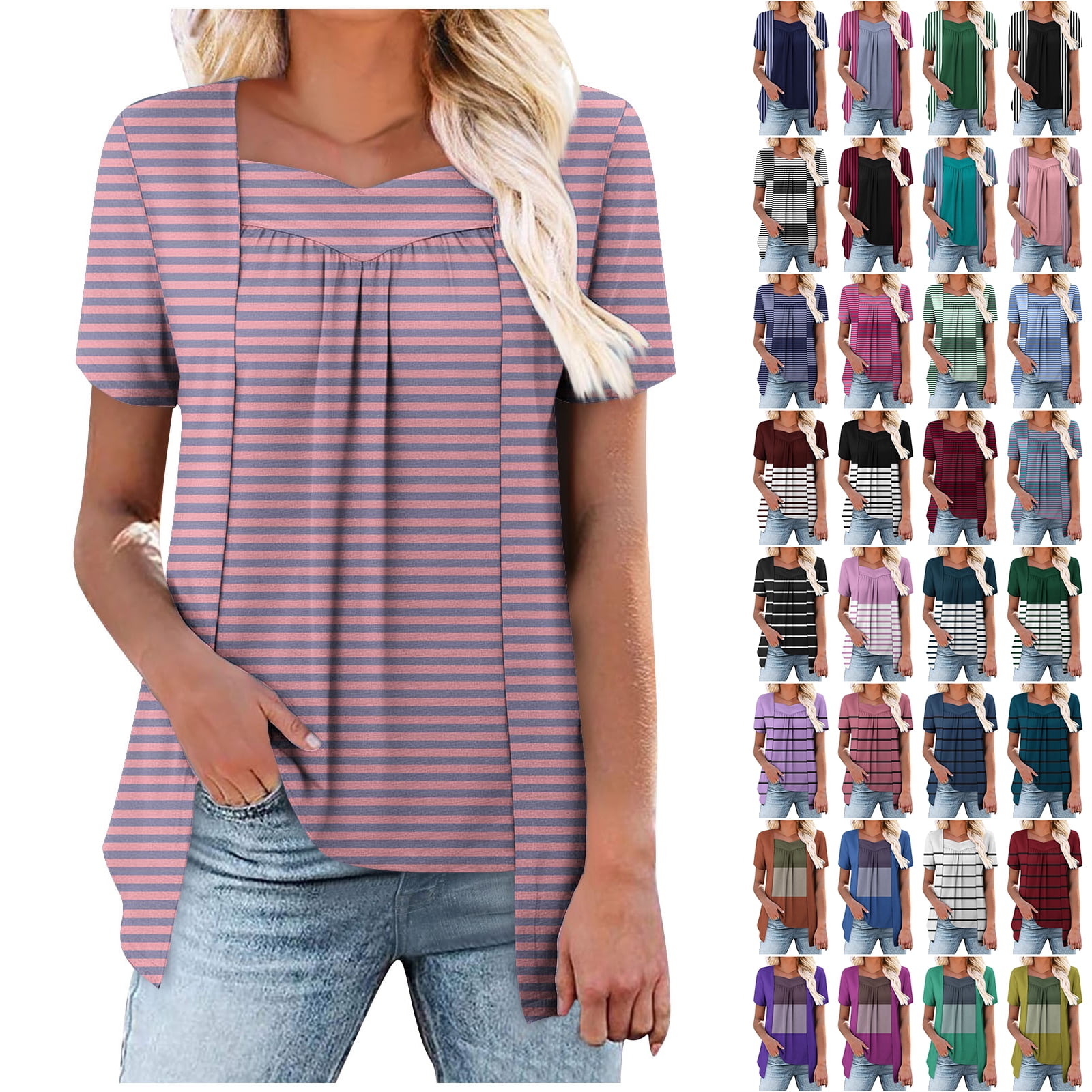 JTZGDY Womens Fake Two Piece Short Sleeve Layered Tops Casual Striped ...