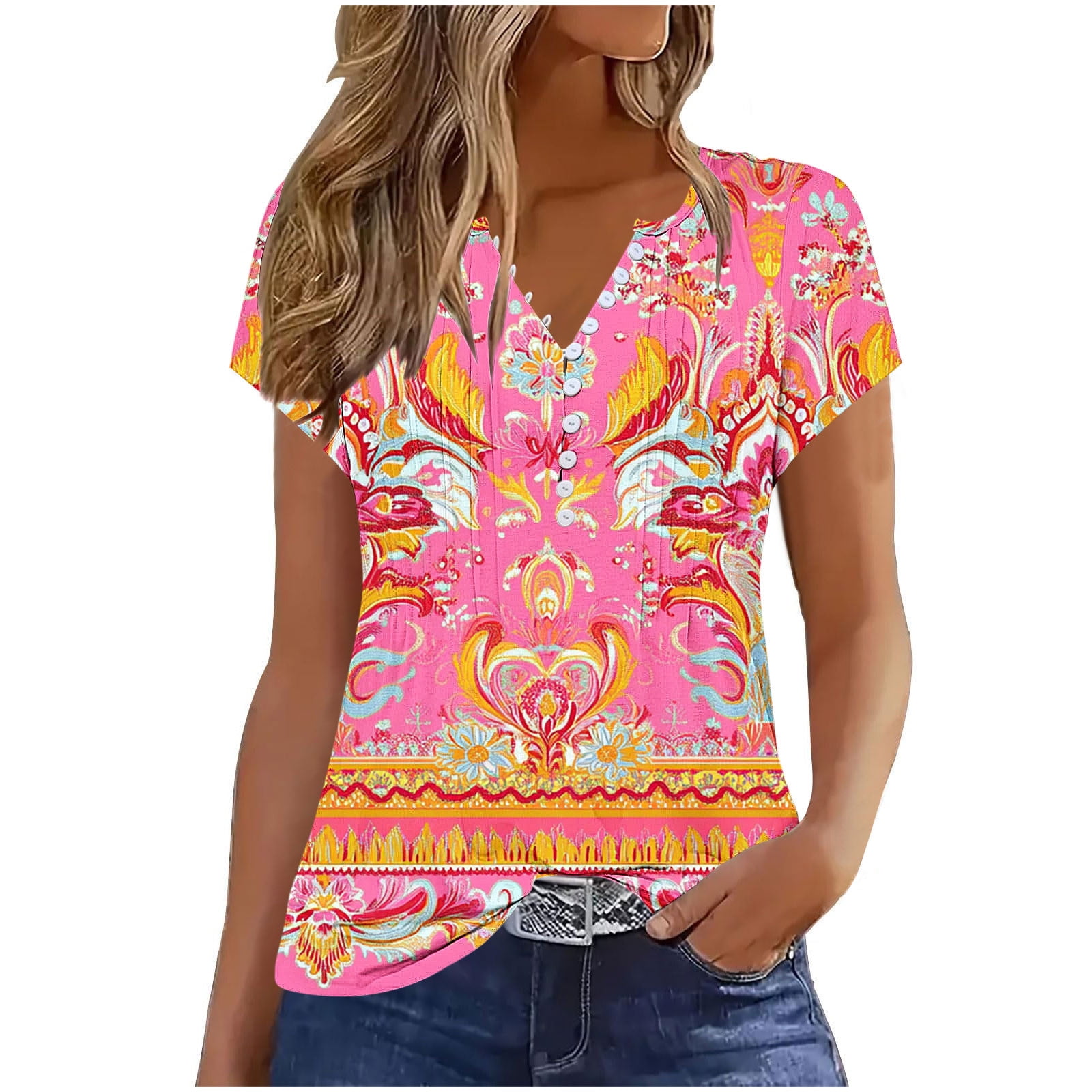 JTZGDY Womens Henley Tops Dressy Casual Floral Printed Summer Short Sleeve Button V Neck Pleated ...