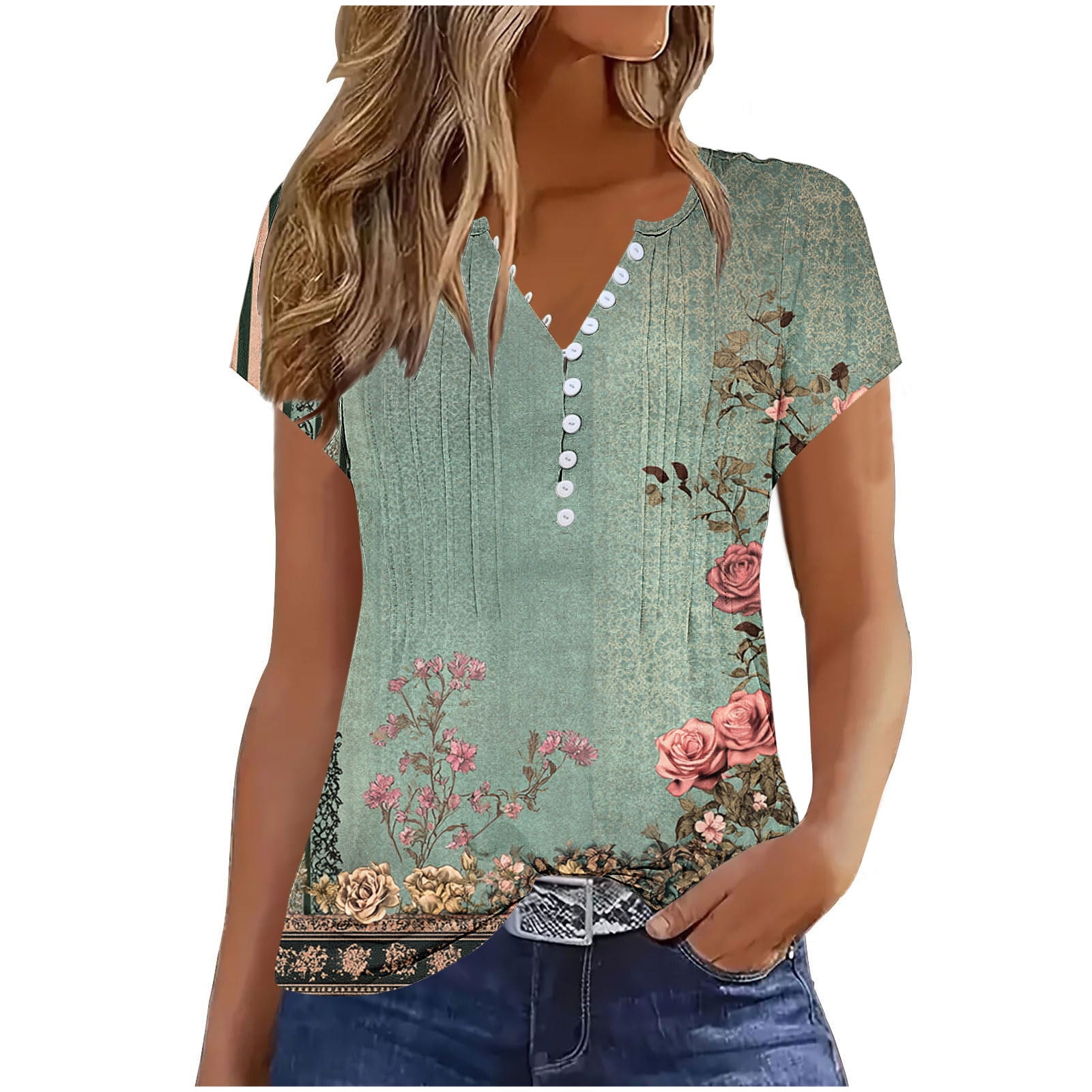 JTZGDY Womens Henley Tops Dressy Casual Floral Printed Summer Short Sleeve Button V Neck Pleated ...