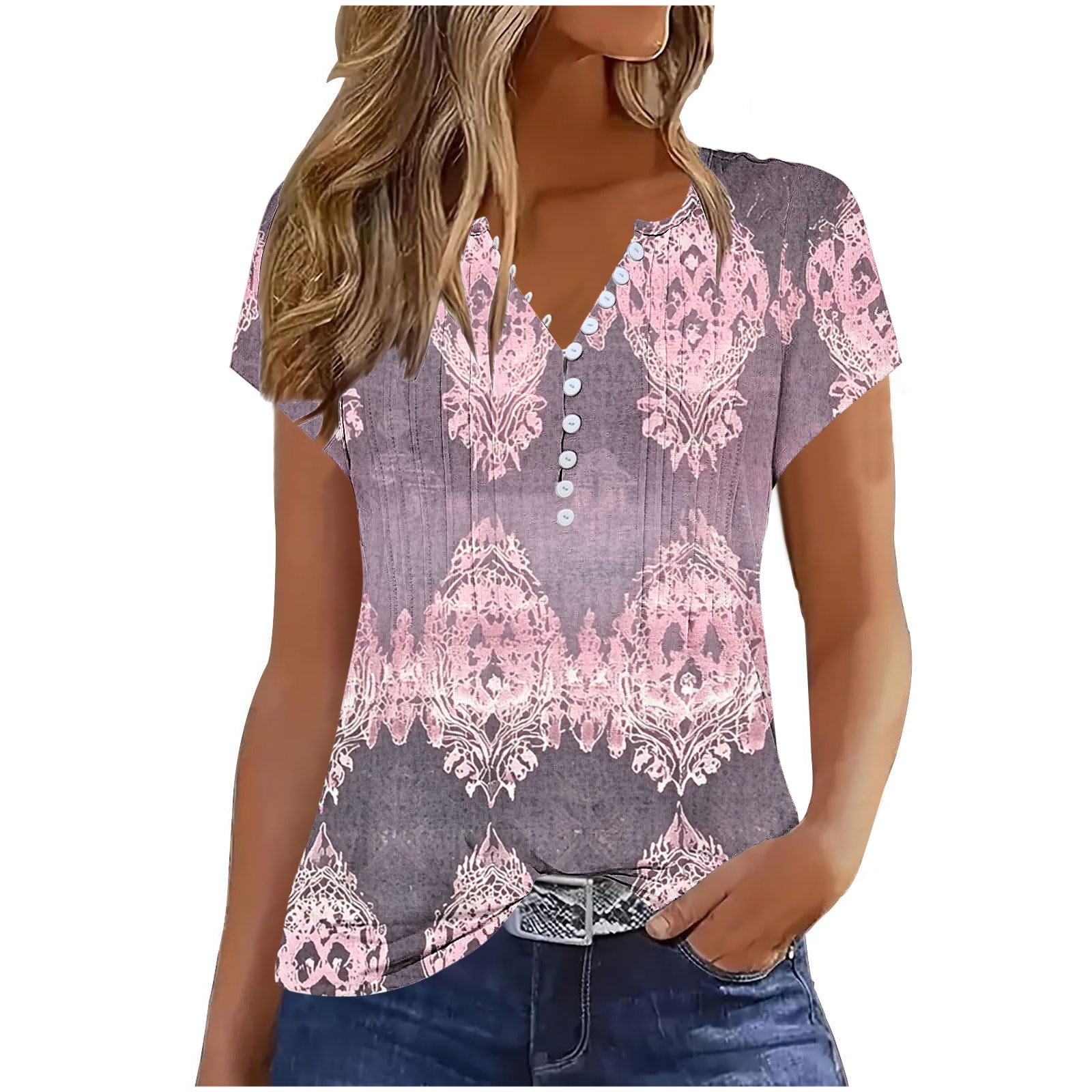 JTZGDY Womens Henley Tops Dressy Casual Floral Printed Summer Short Sleeve Button V Neck Pleated ...