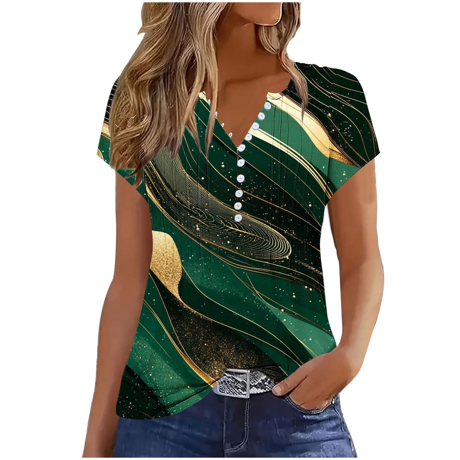 JTZGDY Womens Henley Tops Dressy Casual Floral Printed Summer Short Sleeve Button V Neck Pleated ...