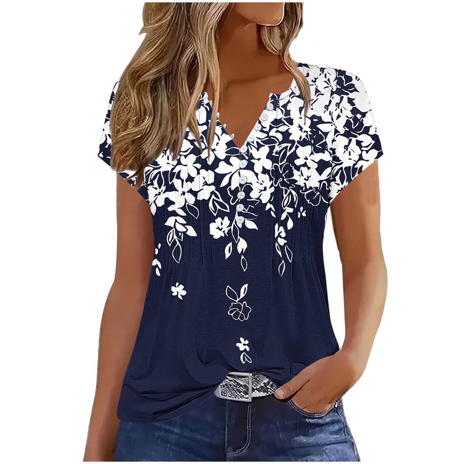 JTZGDY Womens Henley Tops Dressy Casual Floral Printed Summer Short Sleeve Button V Neck Pleated ...