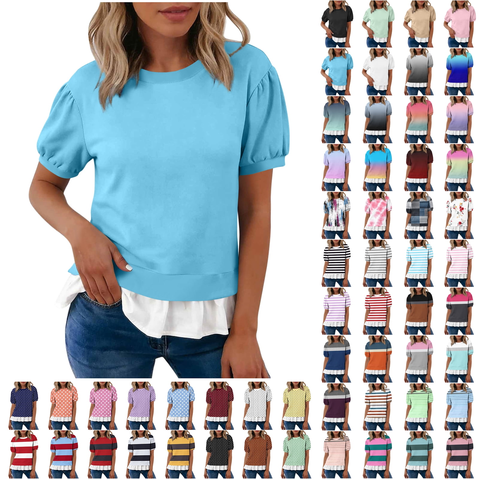 JTZGDY Womens Puff Short Sleeve Tops Dressy Casual Printed Cute Summer ...