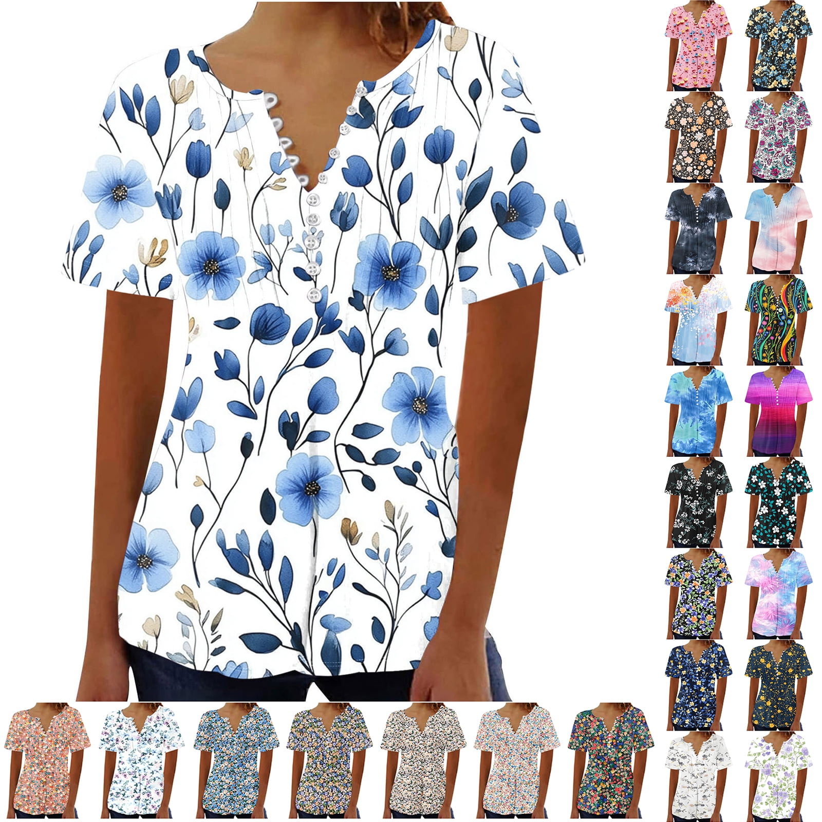 JTZGDY Womens Summer Tops 2025 Trendy Boho Floral Printed Short Sleeve Button V Neck Henley T ...