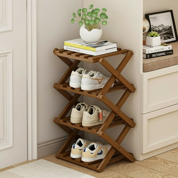 JUANYU Shoes Rack Organizer, 4-Tier Foldable Wooden Storage, Tawny with ...
