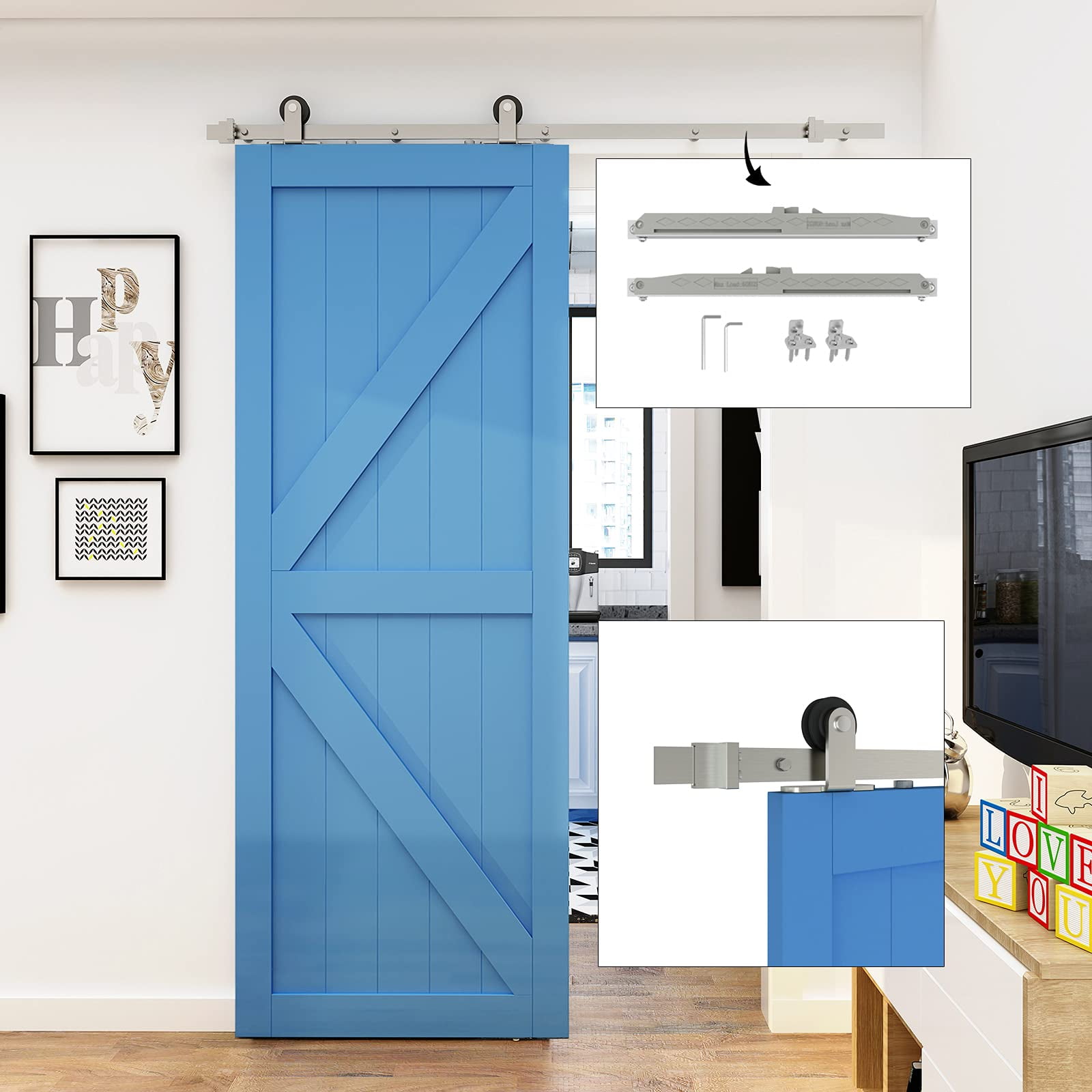 JUBEST 6FT Brushed Nickel Sliding Barn Door Hardware Track Kit with ...