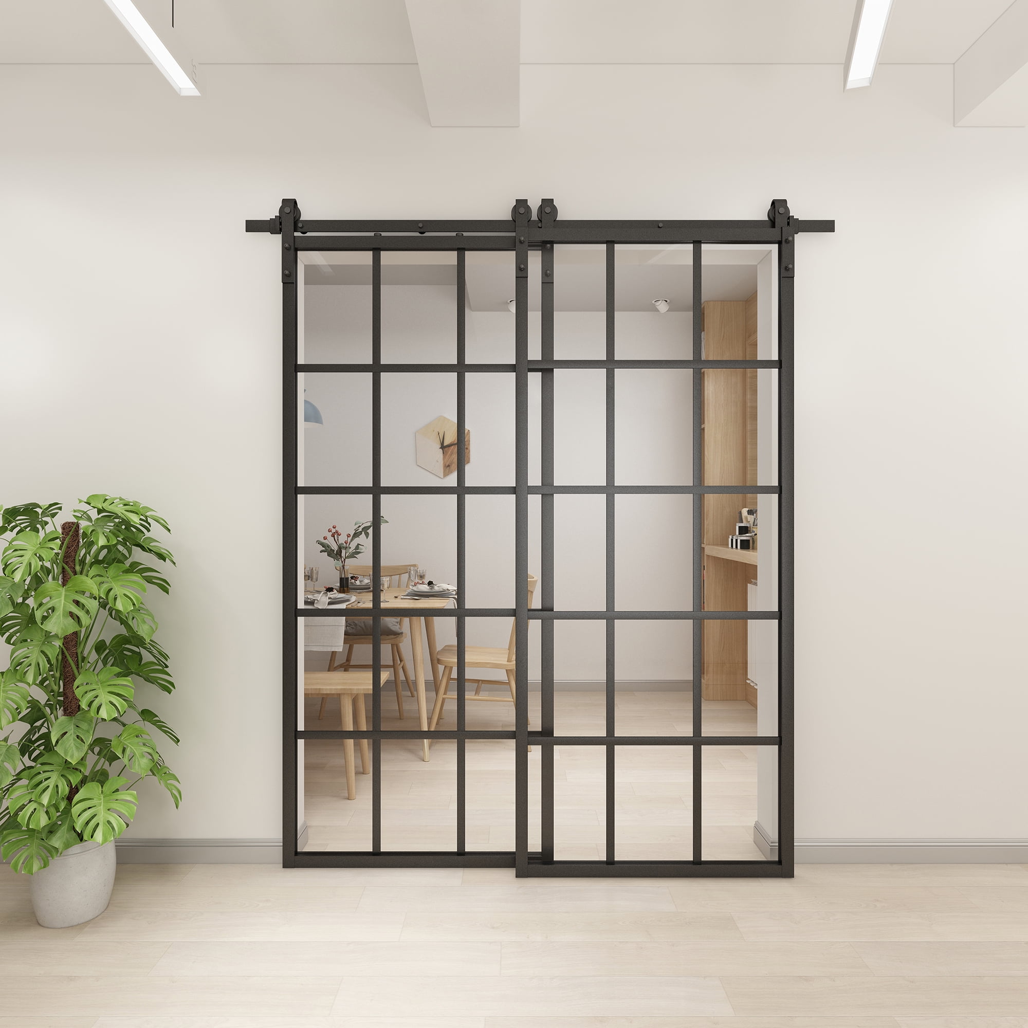 JUBEST Double Glass Bypass Barn Door with Installation Hardware Kit ...