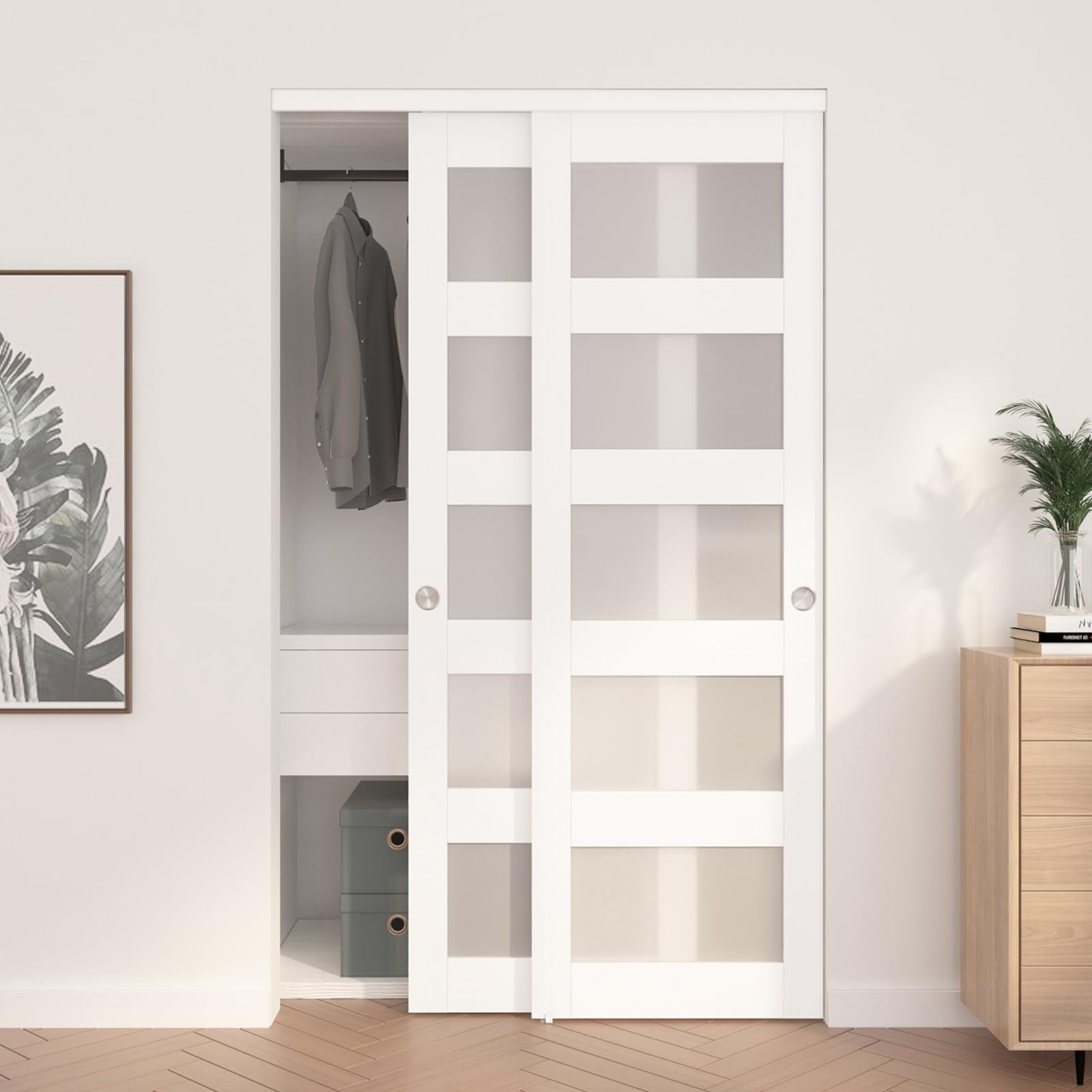 JUBEST Sliding Closet Door 48"(Double 25") x 80", Frosted Glass Bypass ...