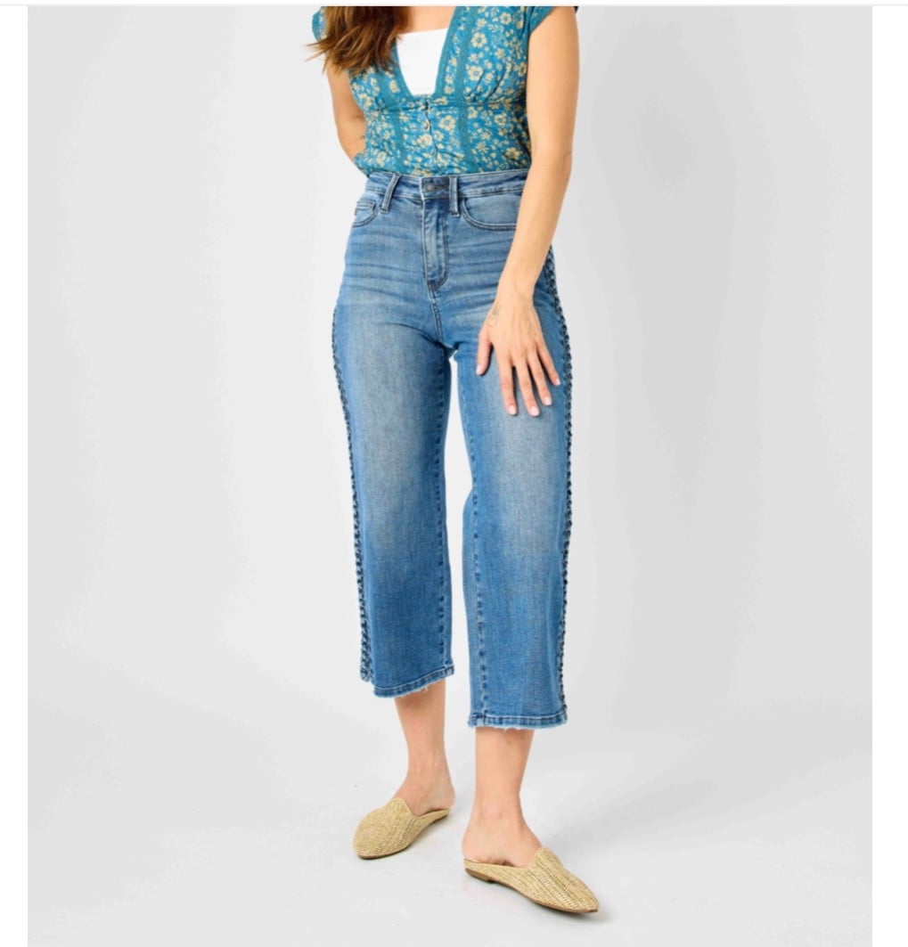 JUDY BLUE HIGH WAISTED BRAID SIDE SEAM DETAIL CROP WIDE - Walmart.com