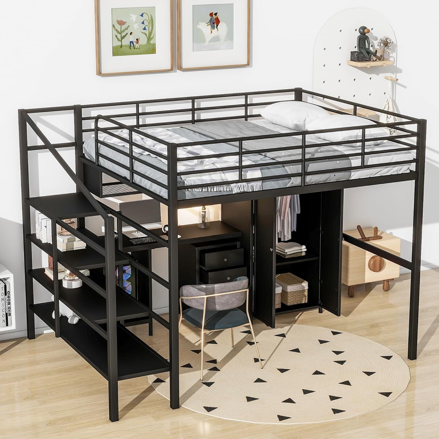 JUEBAN Full Size Loft Bed with Stairs, Wardrobe & Storage Shelves ...
