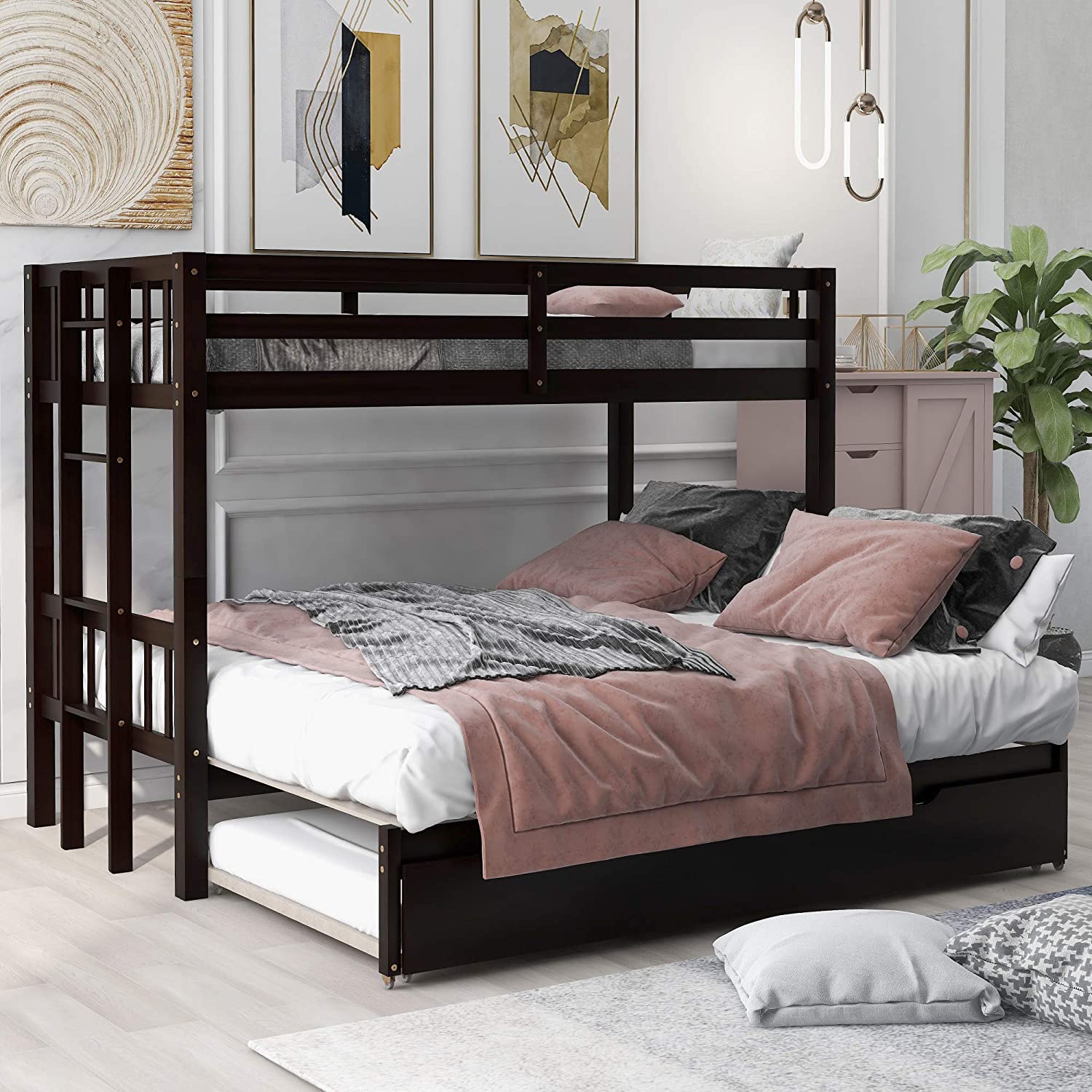 JUEBAN Twin Over Pull-Out Bunk Bed with Trundle, Wooden Twin Over Twin ...