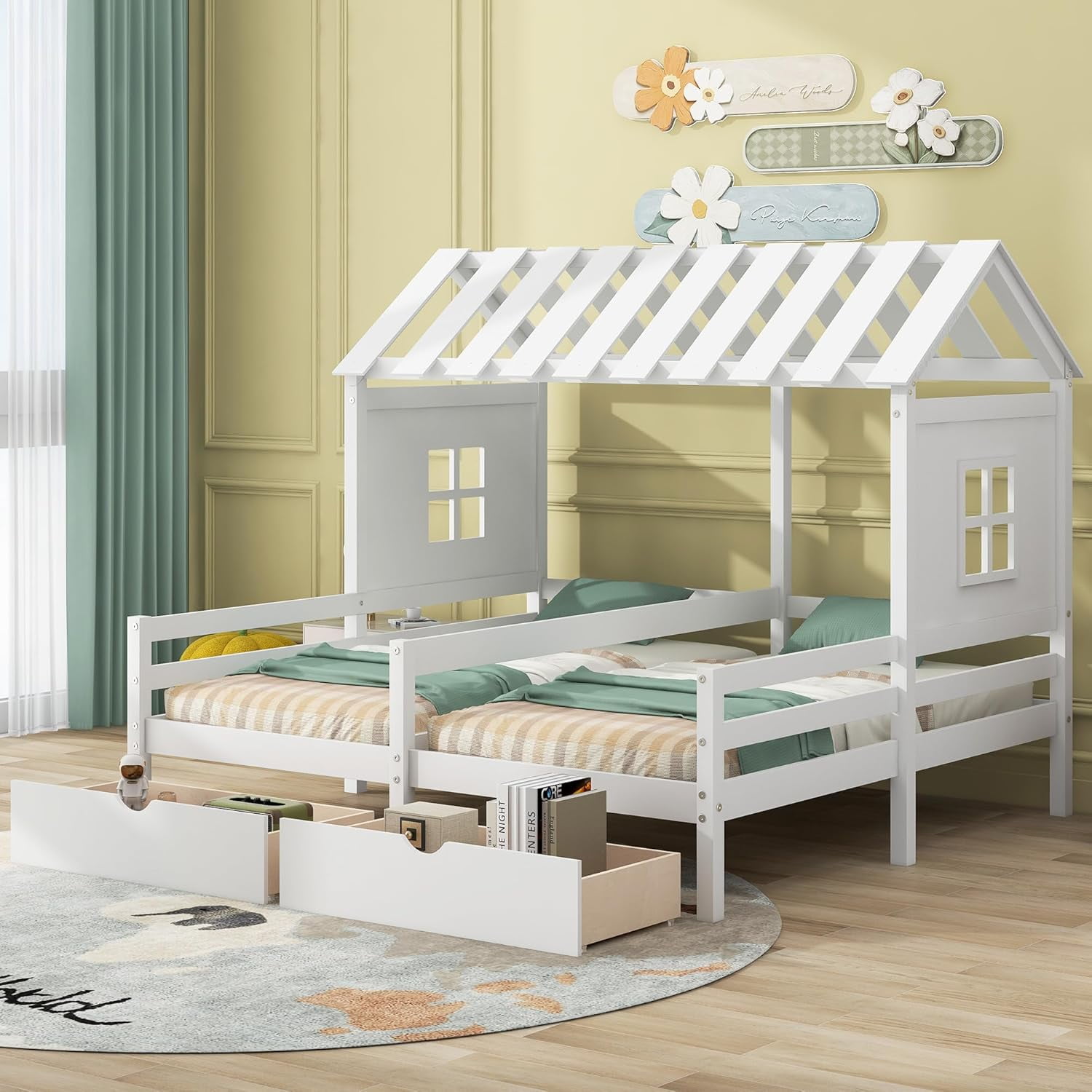 JUEBAN Twin Size House Platform Beds with Two Drawers for Boy and Girl ...