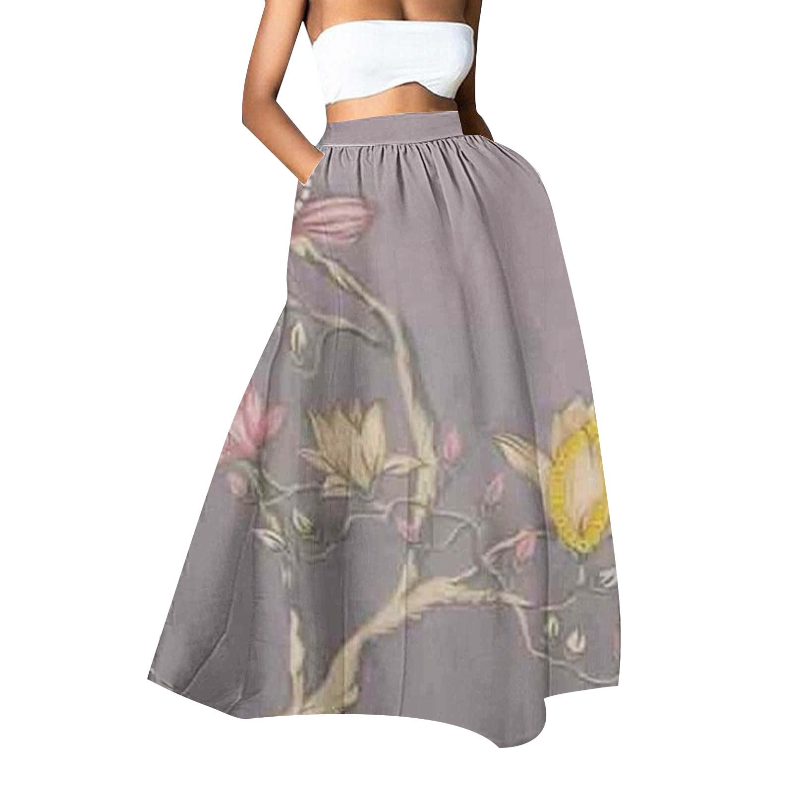YUEJUIR Midi Skirt Women Floral Print Skirt High Waist Party Beach ...