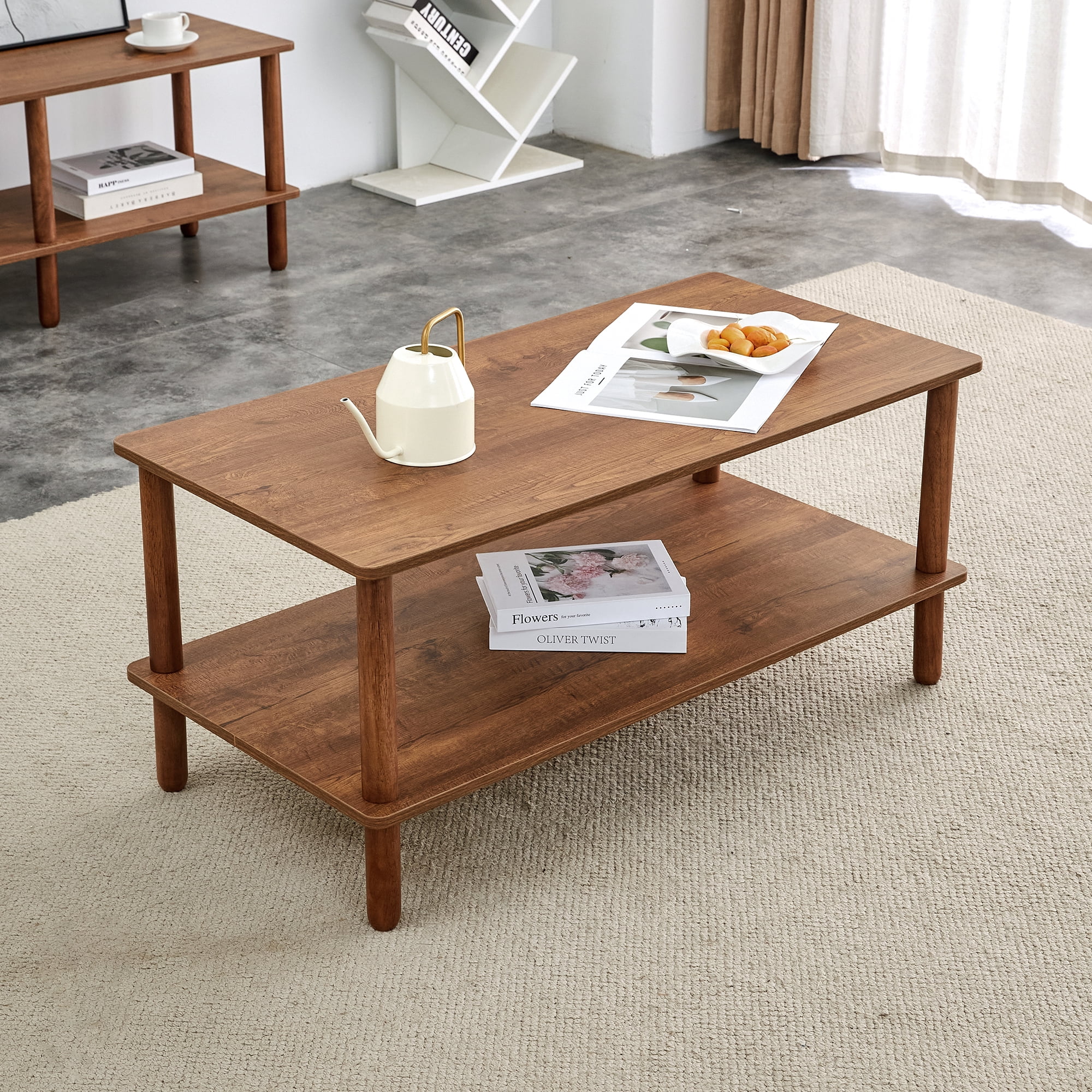 JUFU 2-Tier Coffee Table for Living Room, Walnut Wood Coffe Table for Living Room with Open ...