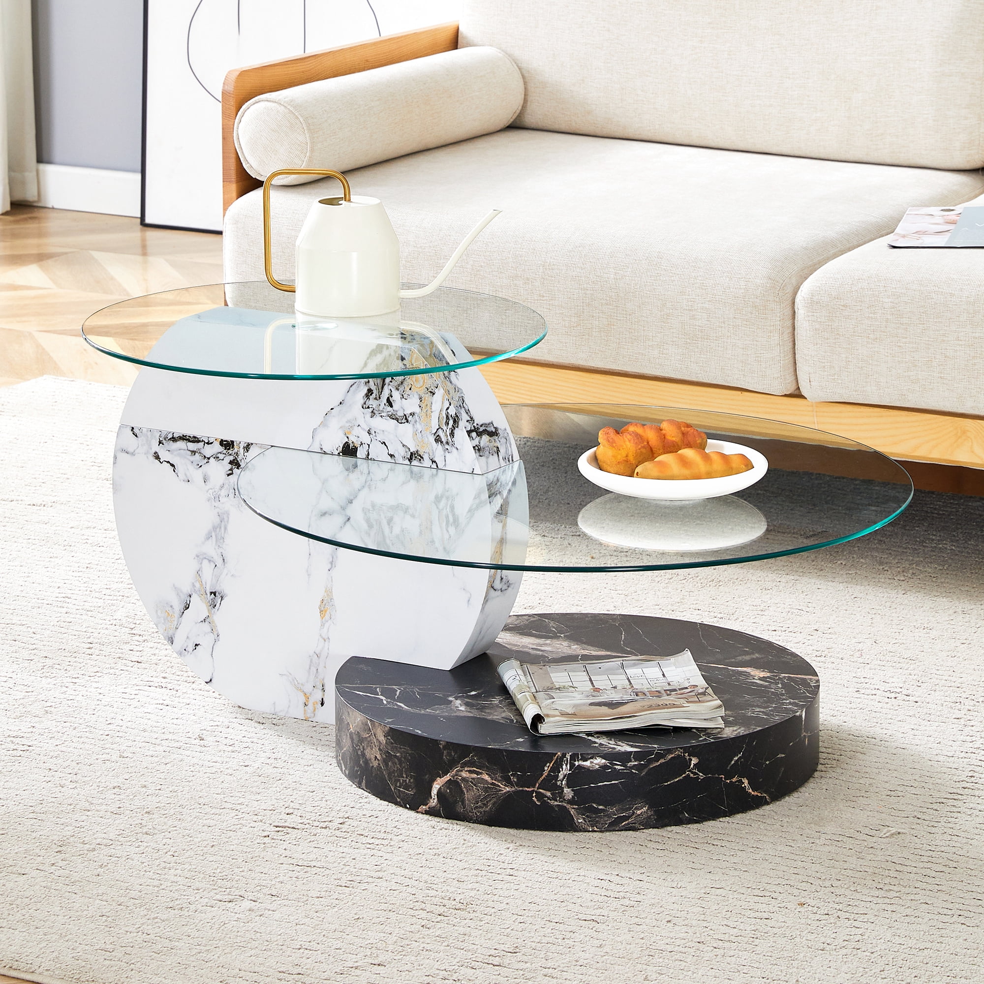 JUFU 35.4" Glass Coffee Table, Modern Round Coffee Table with MDF Faux ...