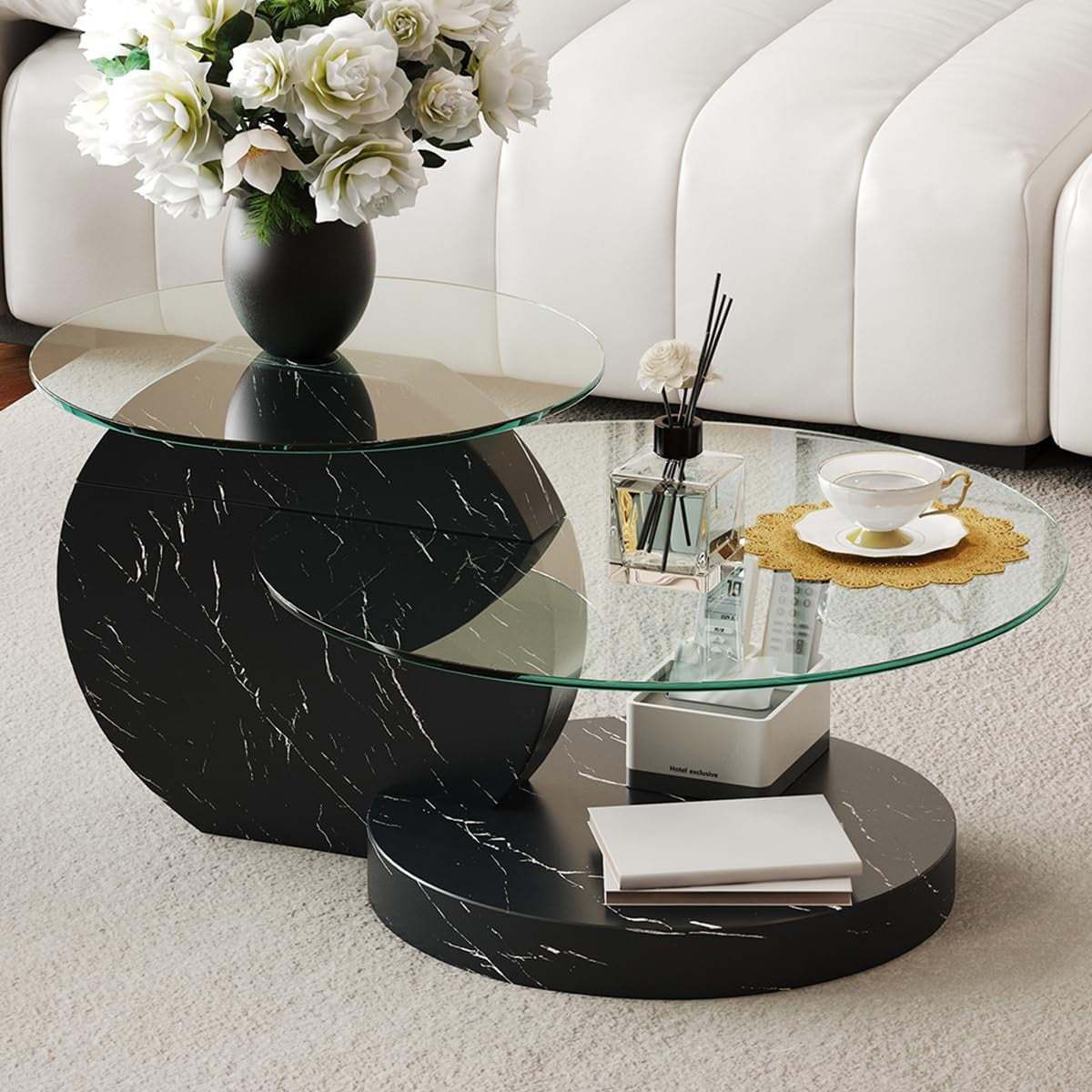 JUFU 35.4" Glass Coffee Table, Modern Round Coffee Table with MDF Faux ...