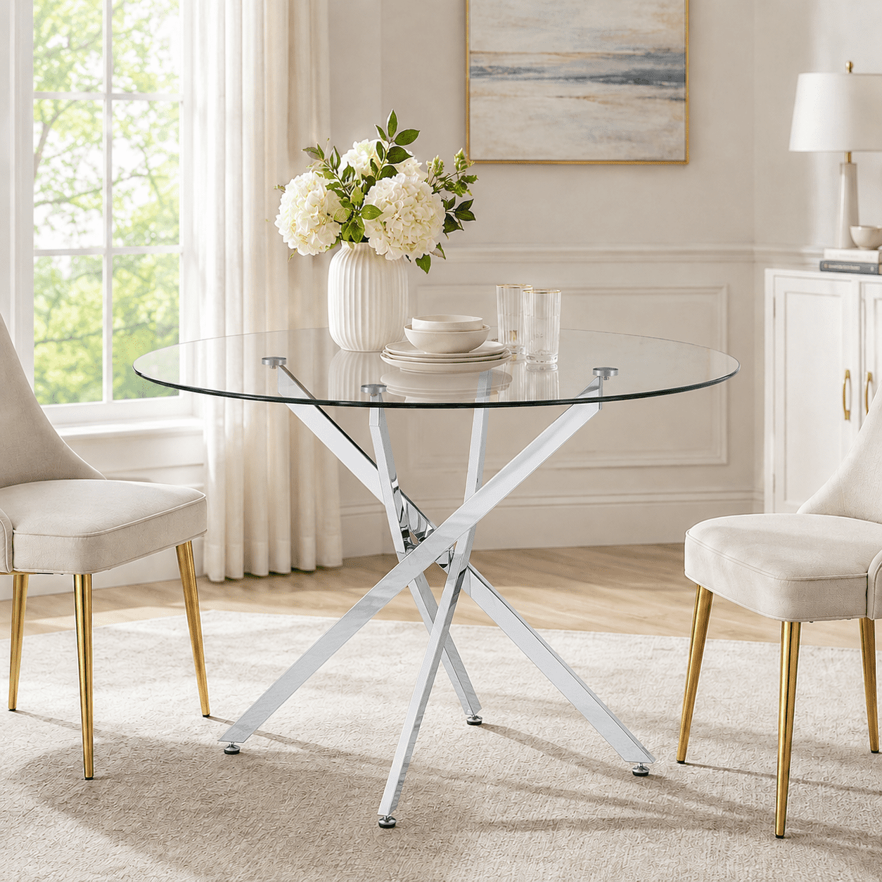 JUFU 39" Round Glass Dining Table with Tempered Glass Top and Gold ...