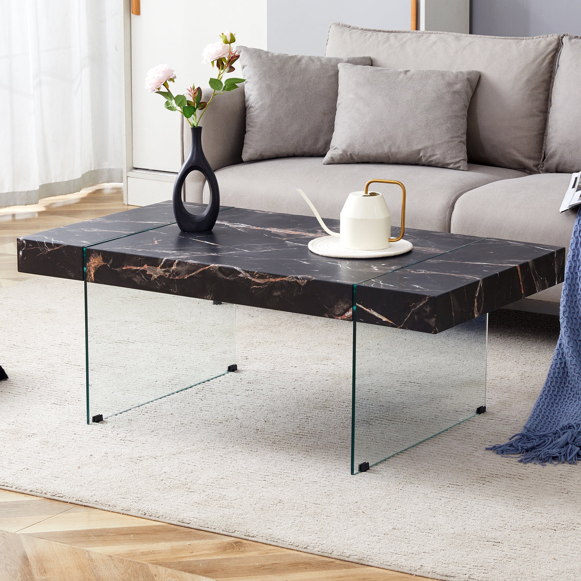 JUFU 43.3" Modern Faux Marble Coffee Table with MDF Top and Tempered Glass Legs, Living Room ...