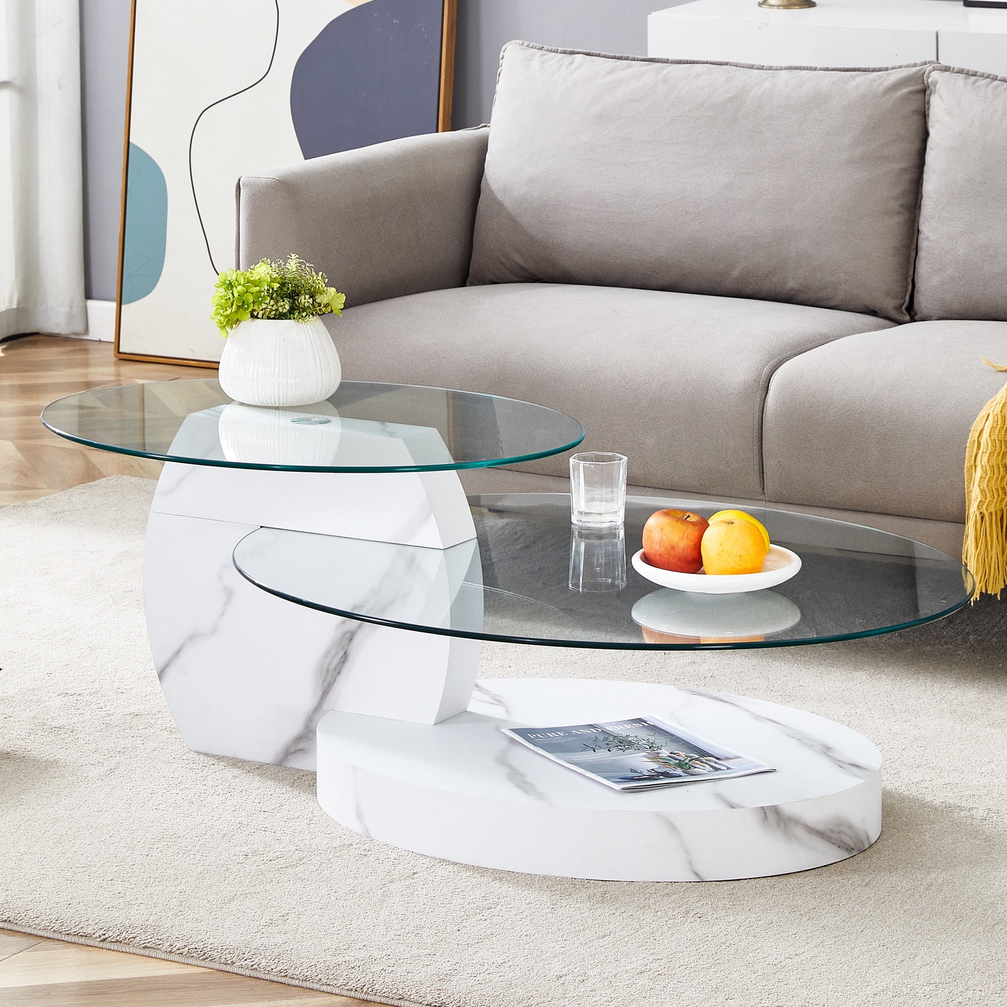 JUFU 47'' Modern White Oval Glass Coffee Table, 3-Tier Modern Living Room Table with Faux Marble ...