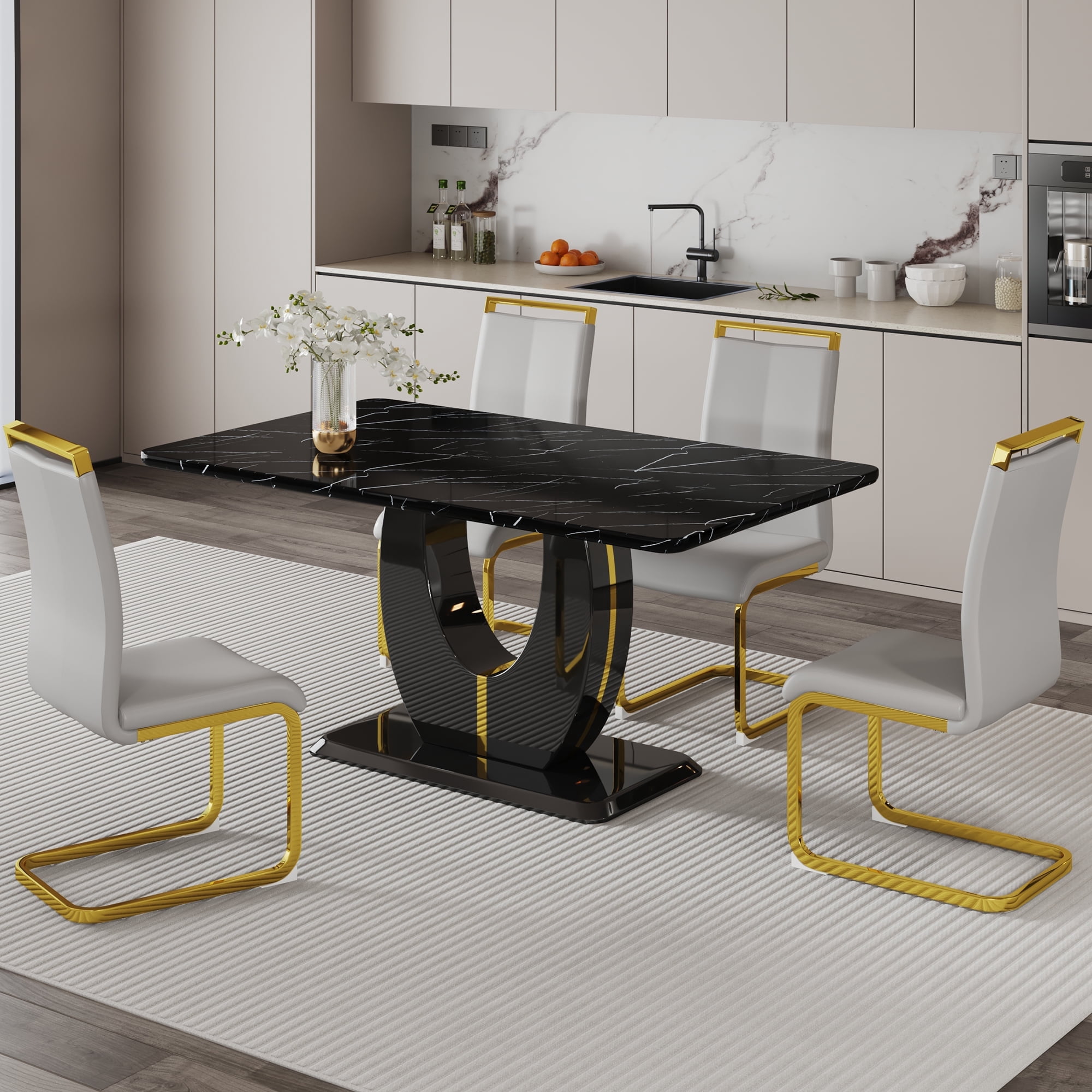 JUFU 63" Black Faux Marble Dining Table Set, Modern 5-Piece Dining Set ...