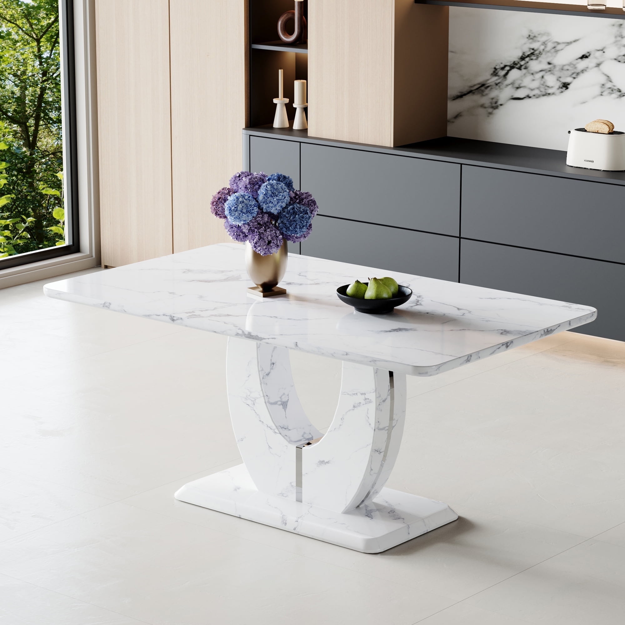 JUFU 63 Inch Faux Marble Dining Table for 6, White Rectangular Kitchen ...