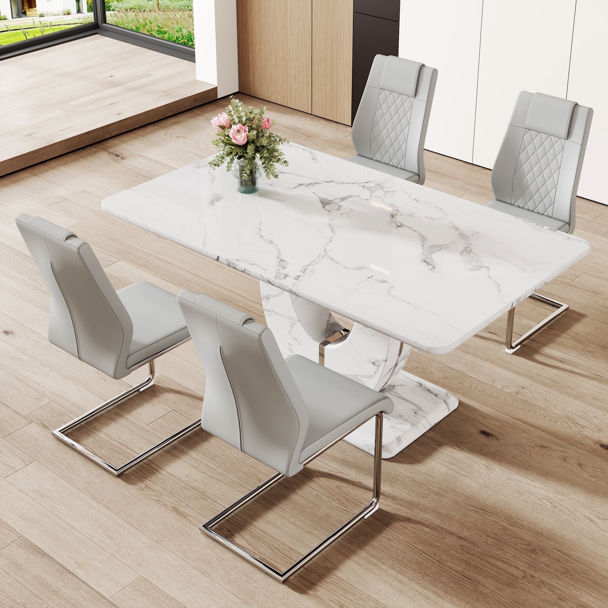 JUFU Dinner Table Set for 4, 63'' White Faux Marble Dining Table Set ...