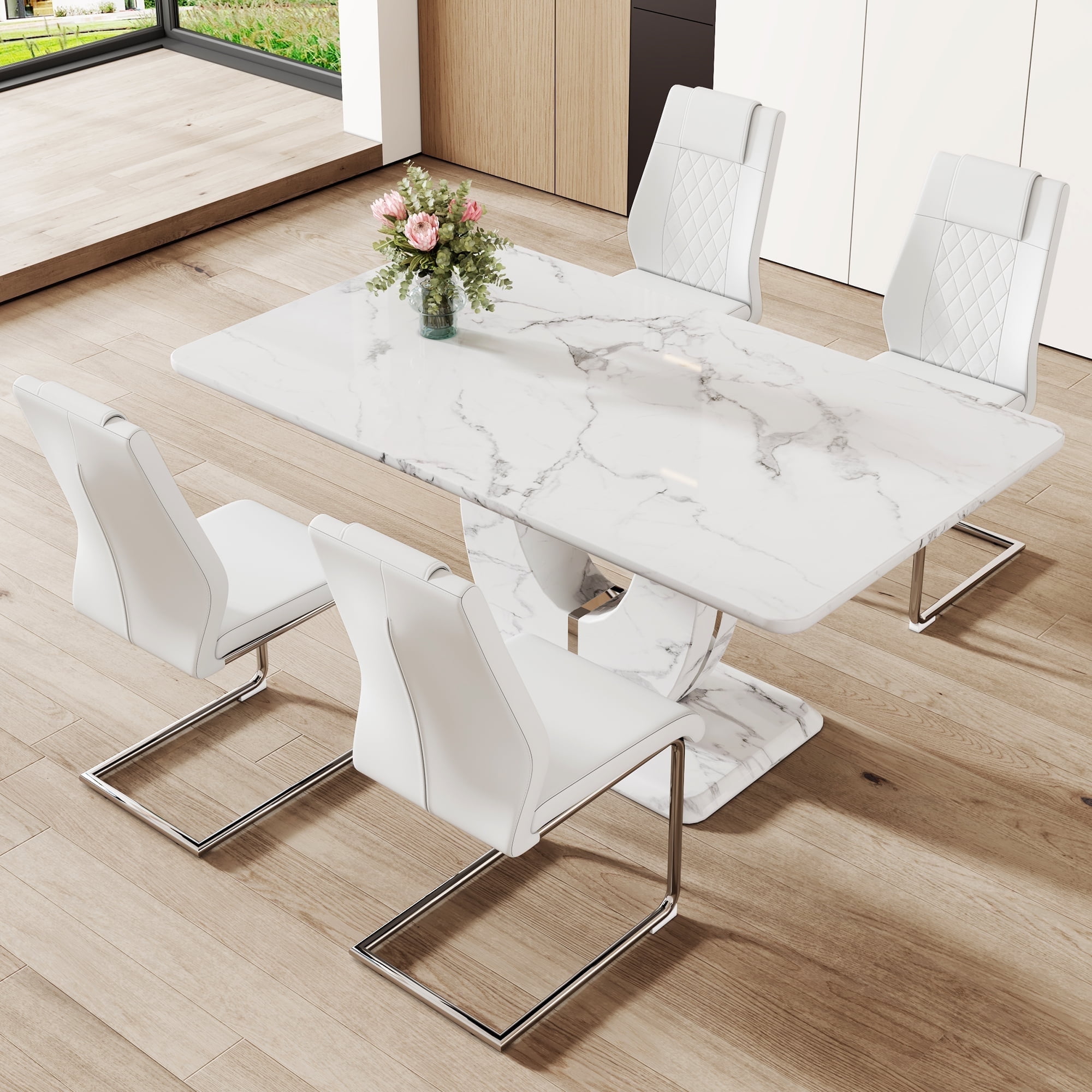 JUFU 63″ White Faux Marble Rectangular Dining Table Set with 4 PU ...