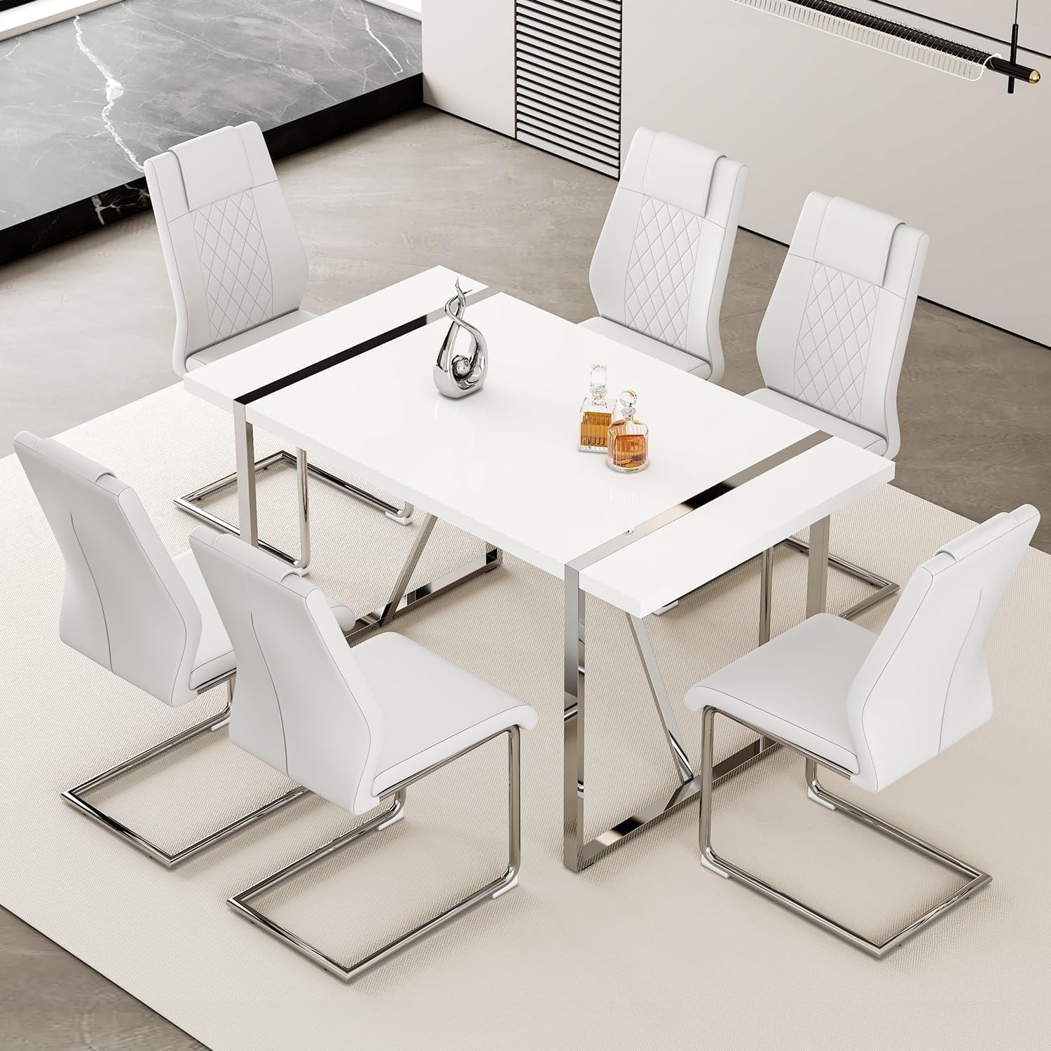 JUFU 7-Piece 55'' White Dining Set with Silver Metal Frame and Upholstered Chairs - Walmart.com
