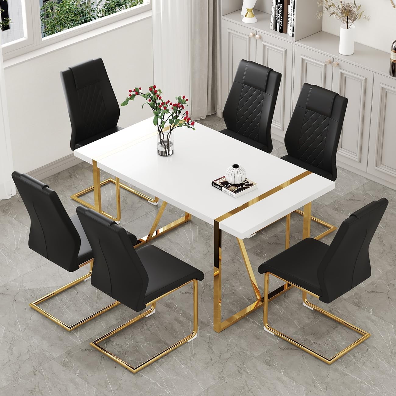 JUFU 7-Piece Black PU Leather Dining Table Set with Gold Metal Legs ...