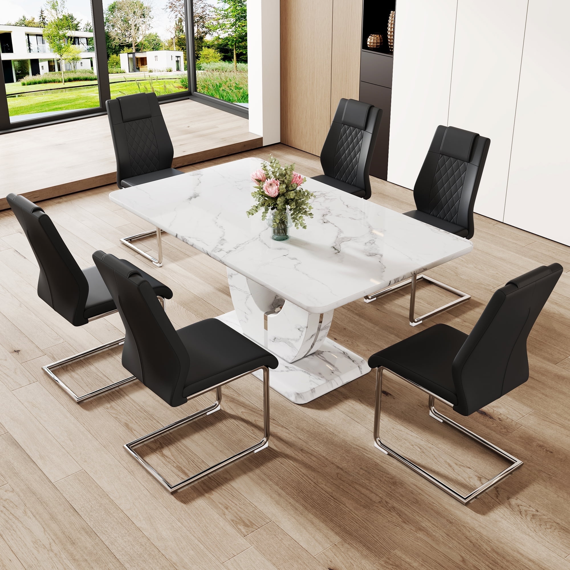 JUFU 7 Piece Dining Table Set, 63" White Faux Marble Table with PU Leather Chairs, Modern for ...