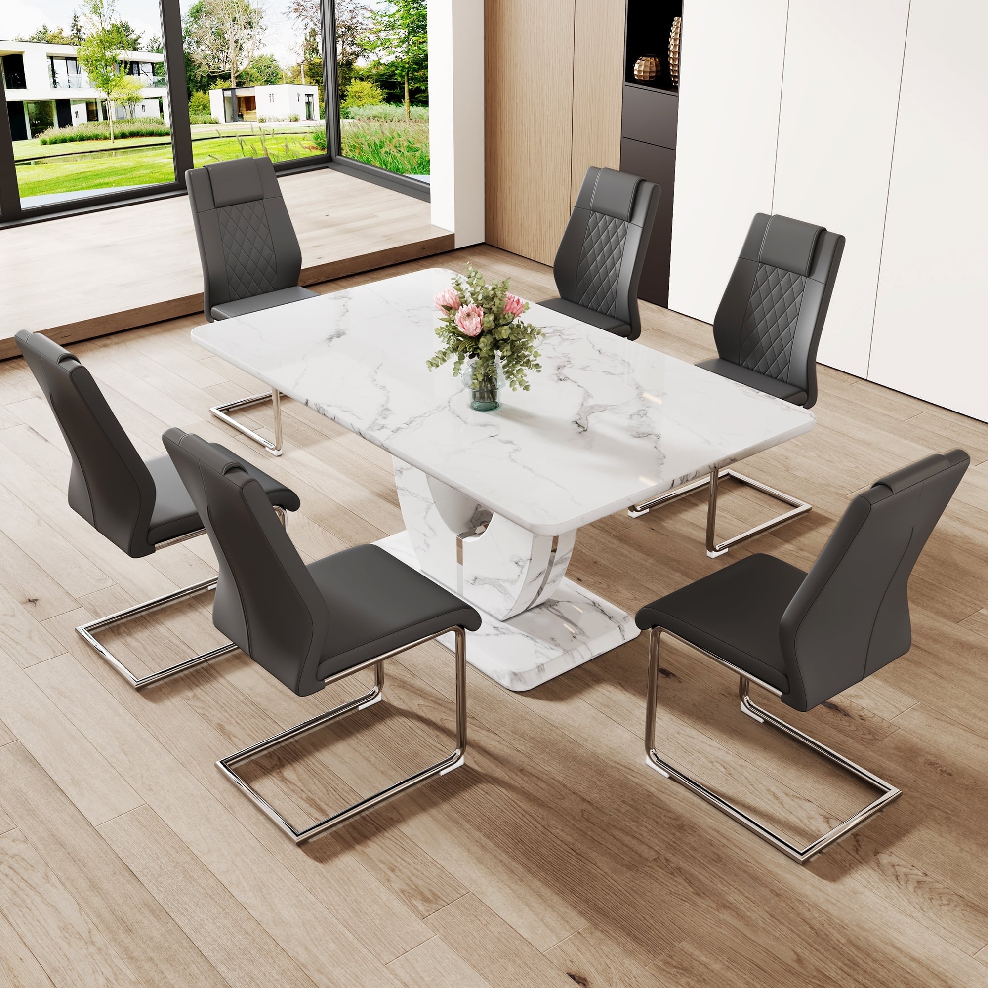 JUFU 7 Piece Dining Table Set, 63" White Faux Marble Table with PU ...