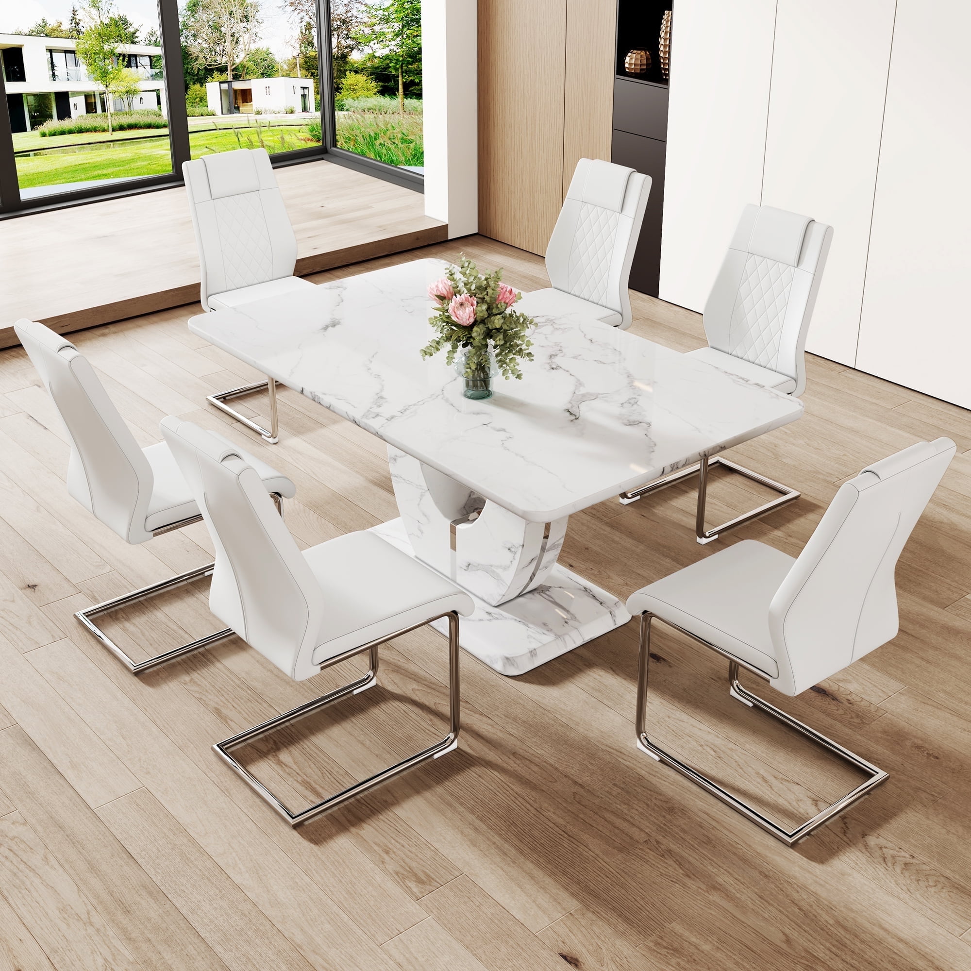 JUFU 7 Piece Dining Table Set, 63" White Faux Marble Table with PU Leather Chairs, Modern for ...