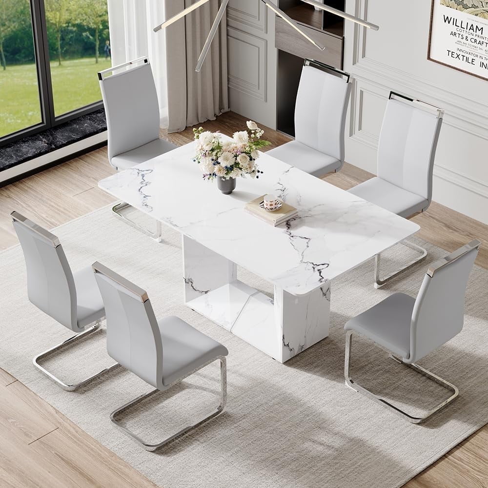 JUFU 7-Piece Dining Table Set with 63" Faux Marble Rectangle Table and ...