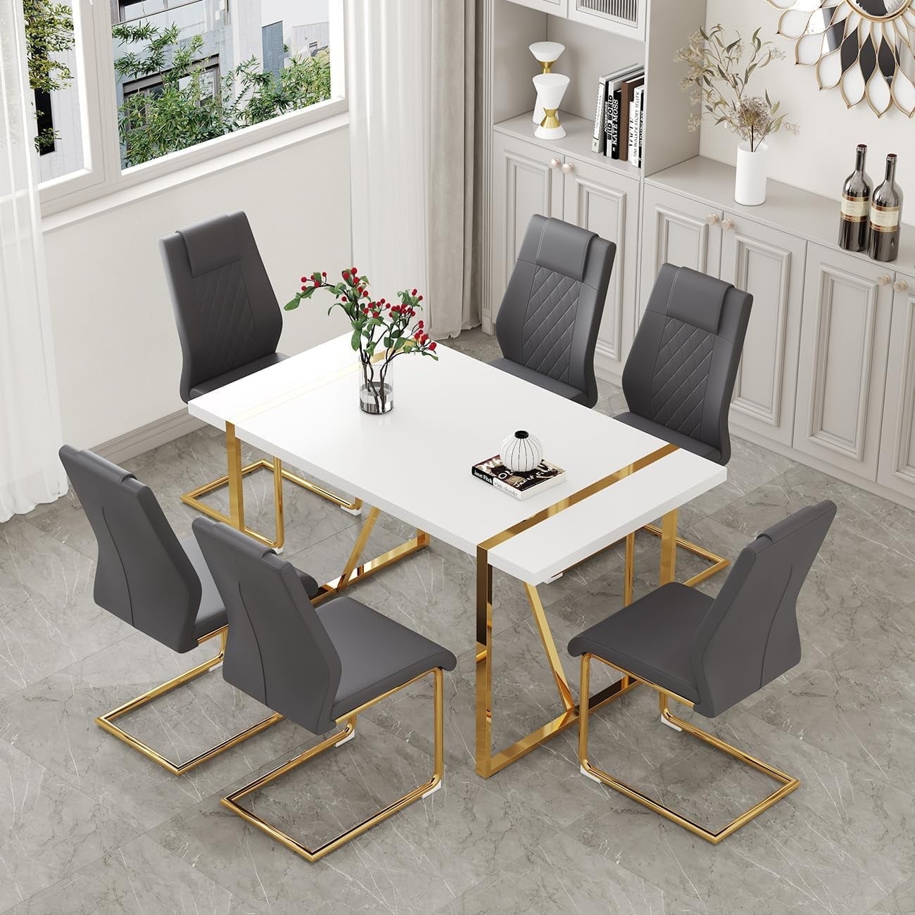 JUFU 7-Piece Gray PU Leather Dining Table Set with Gold Metal Legs ...
