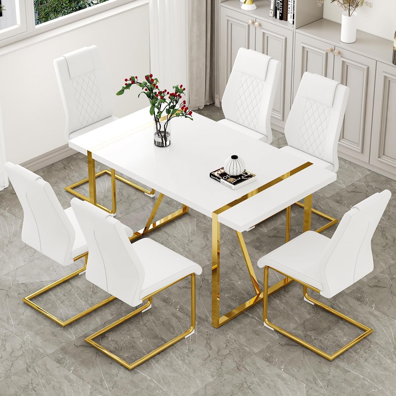 JUFU 7-Piece White PU Leather Dining Table Set with Gold Metal Legs ...