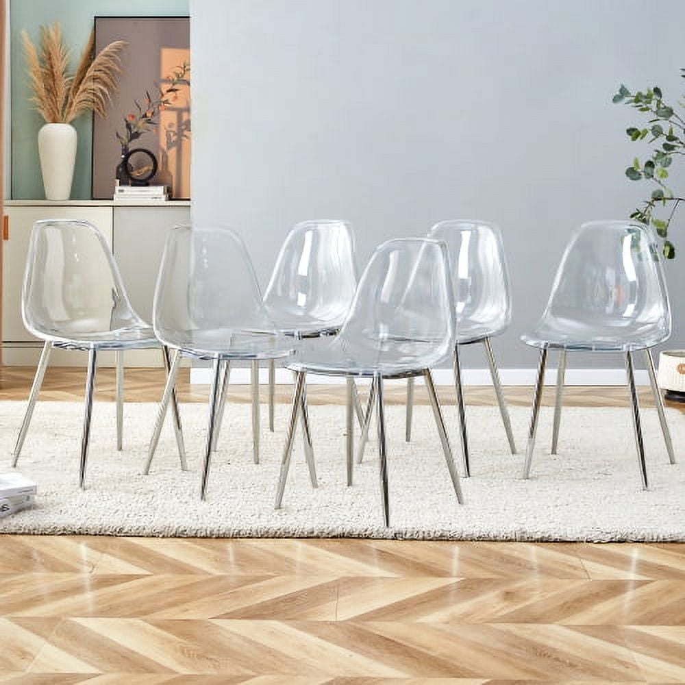 JUFU Clear Dining Chairs Set of 6, Clear Acrylic Dining Chairs with Silver Metal Legs, Modern ...