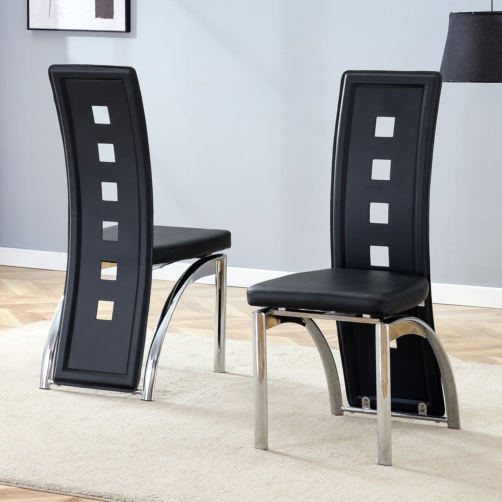 JUFU Dining Chairs Set of 2, Black Faux Leather Upholstered Kitchen Chairs with Silver Metal ...