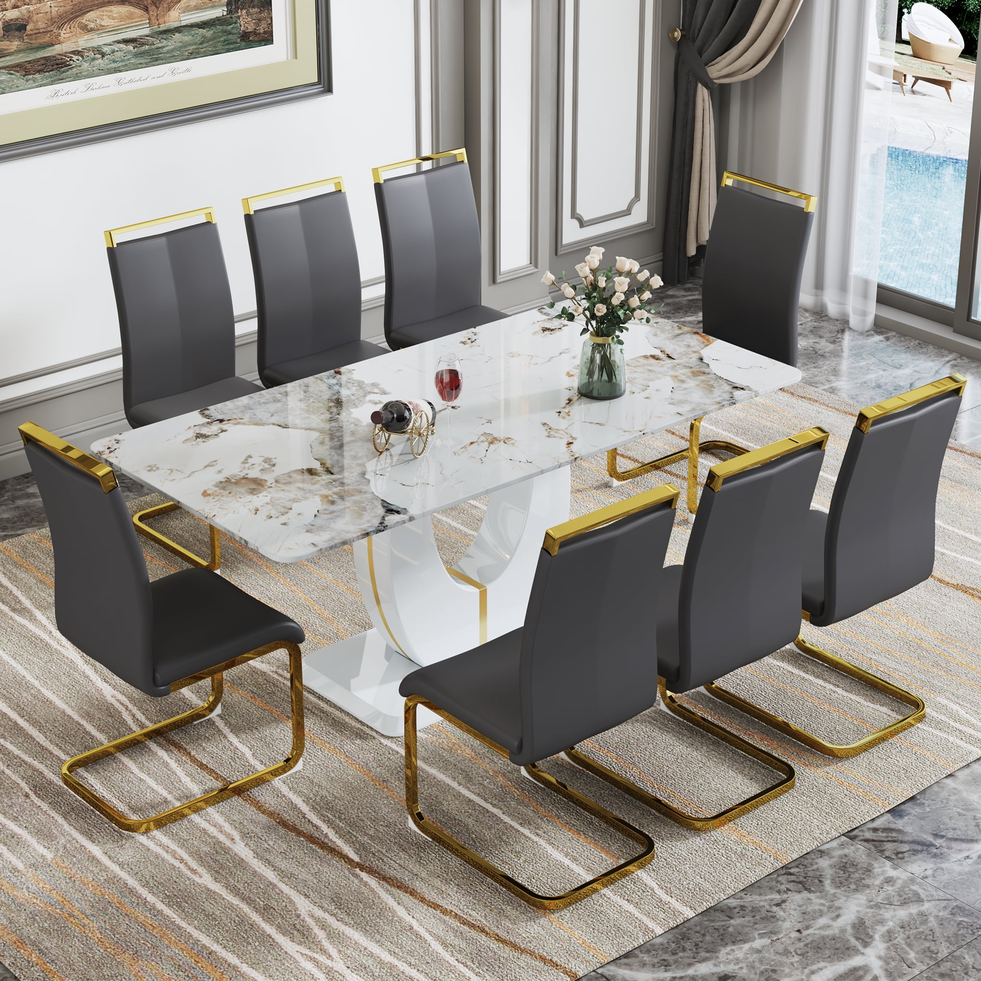 JUFU Dining Room Table Set for 8, 71'' Pandora White Faux Marble Dining ...