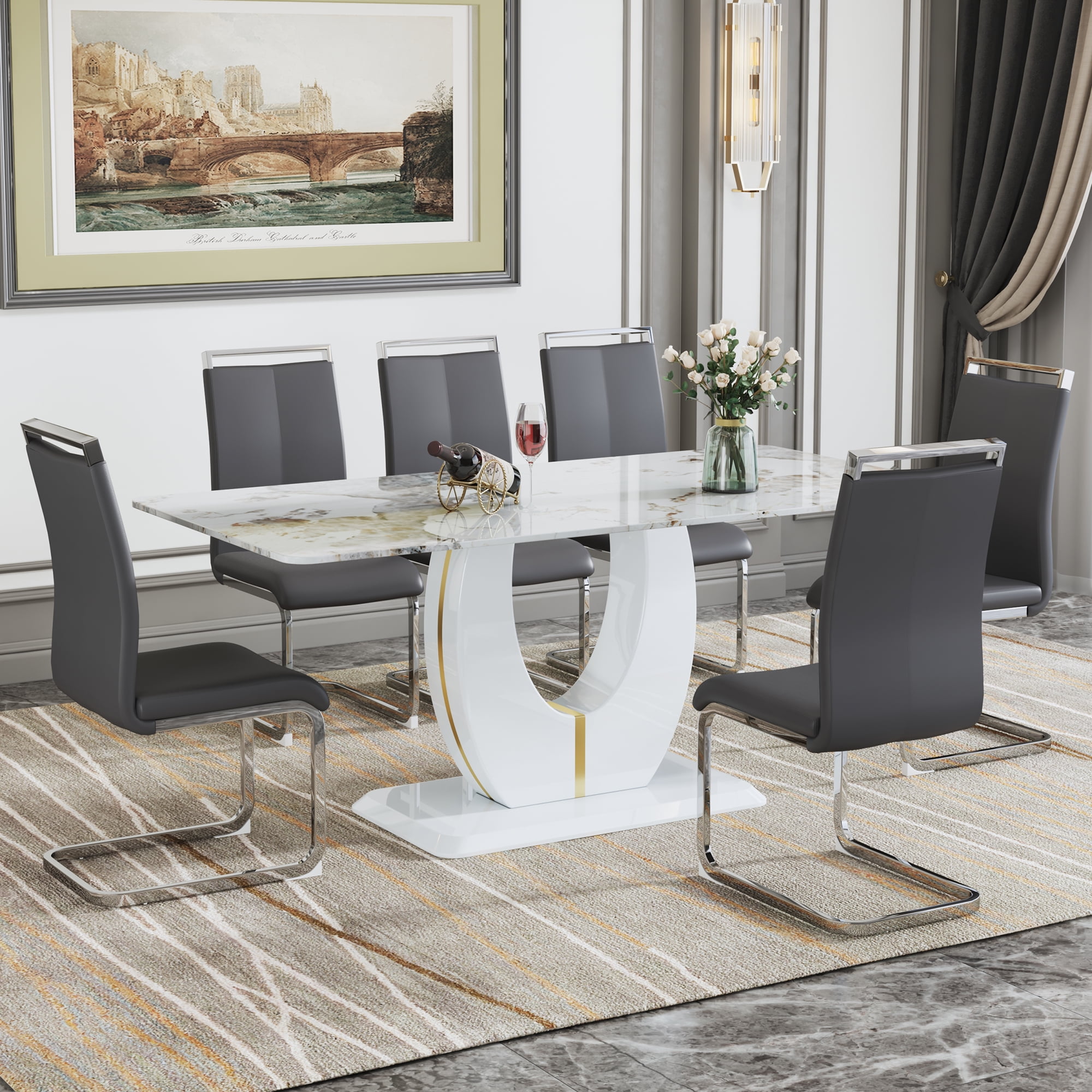 JUFU Dining Table Set for 6,Marble Dining Table Set with Faux Marble ...
