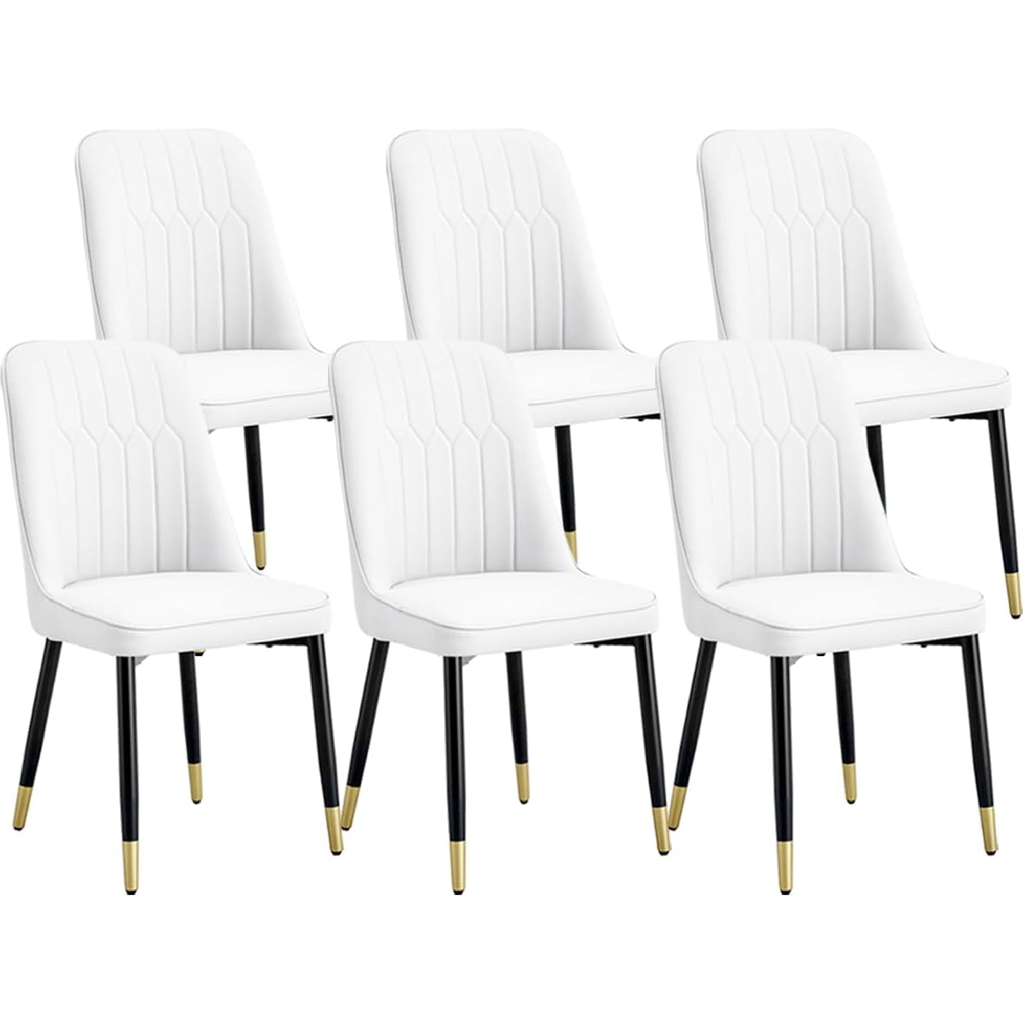 JUFU Modern Dining Chairs Set of 6, White Faux Leather Upholstered with Black Metal Legs for ...