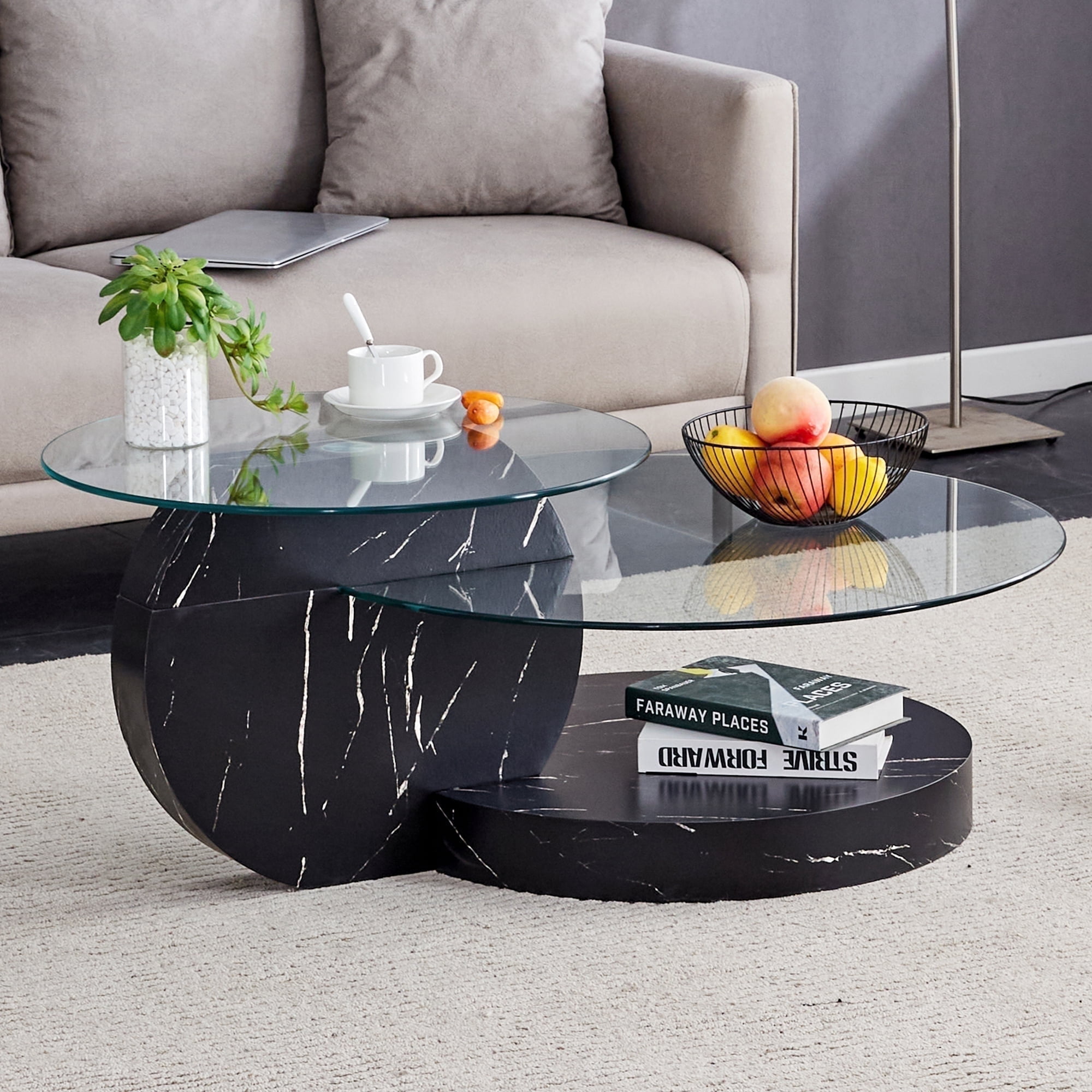 JUFU 42″ Black Tempered Glass & MDF Round Coffee Table 2‑Tier Modern ...