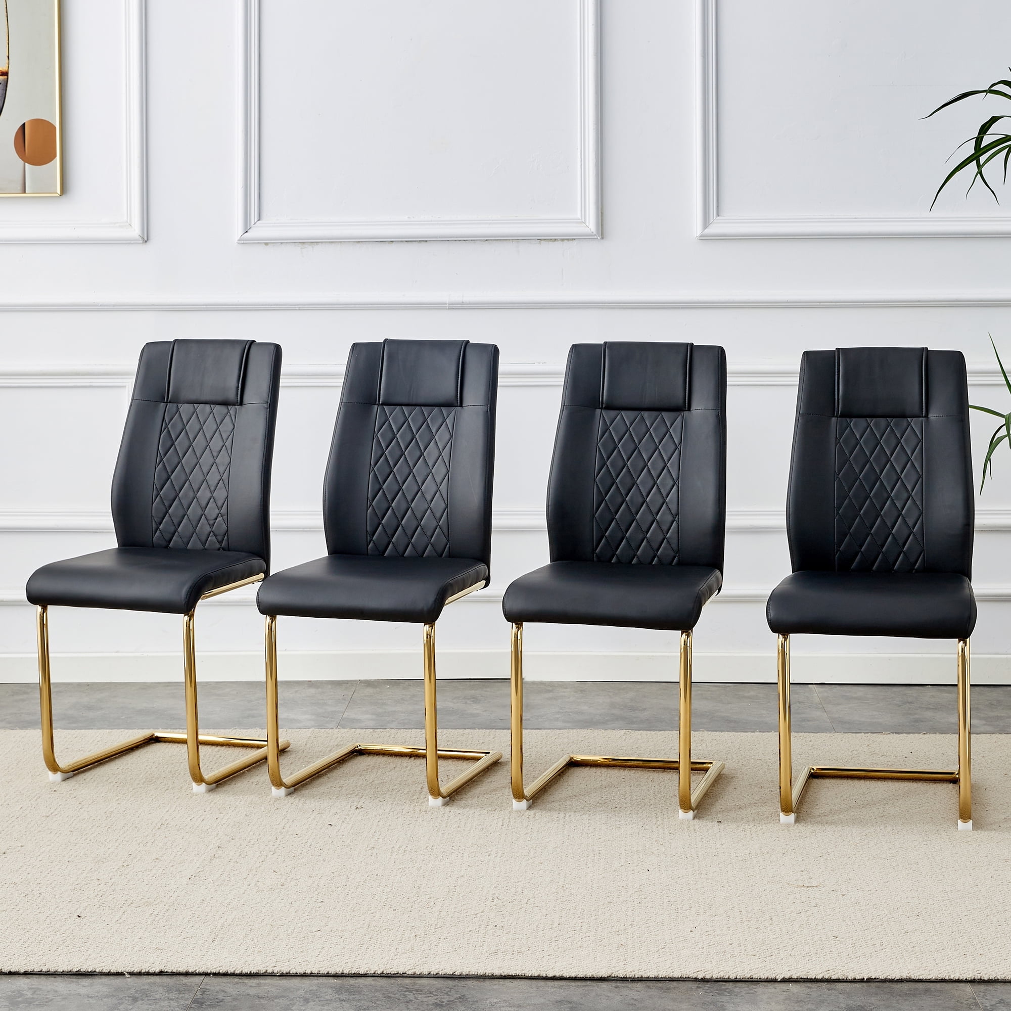 JUFU Set of 4 Black Faux Leather Dining Chairs with Gold Metal Legs, Upholstered High Back ...