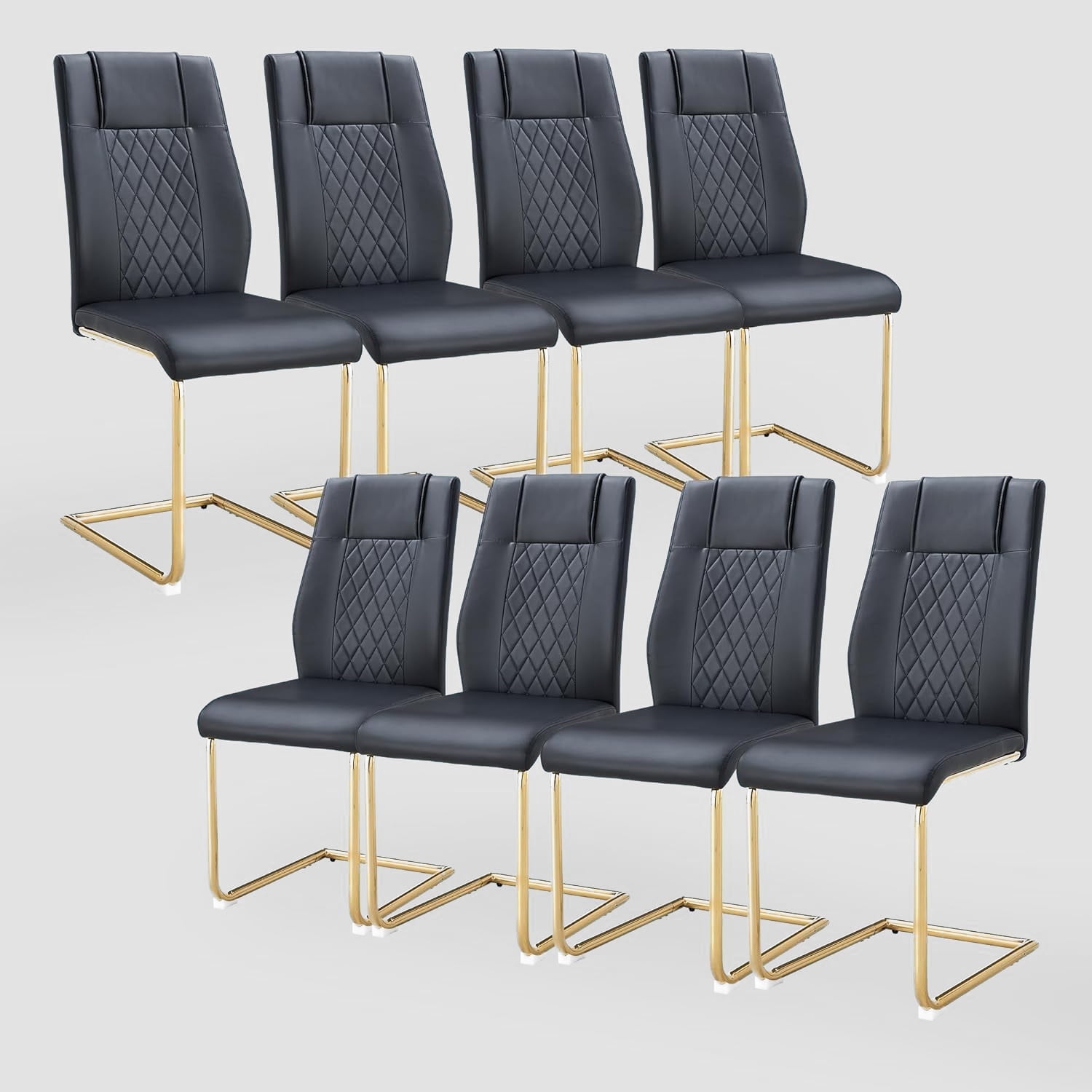 JUFU Set of 8 Black Faux Leather Dining Chairs with Gold Metal Legs, Upholstered High Back ...