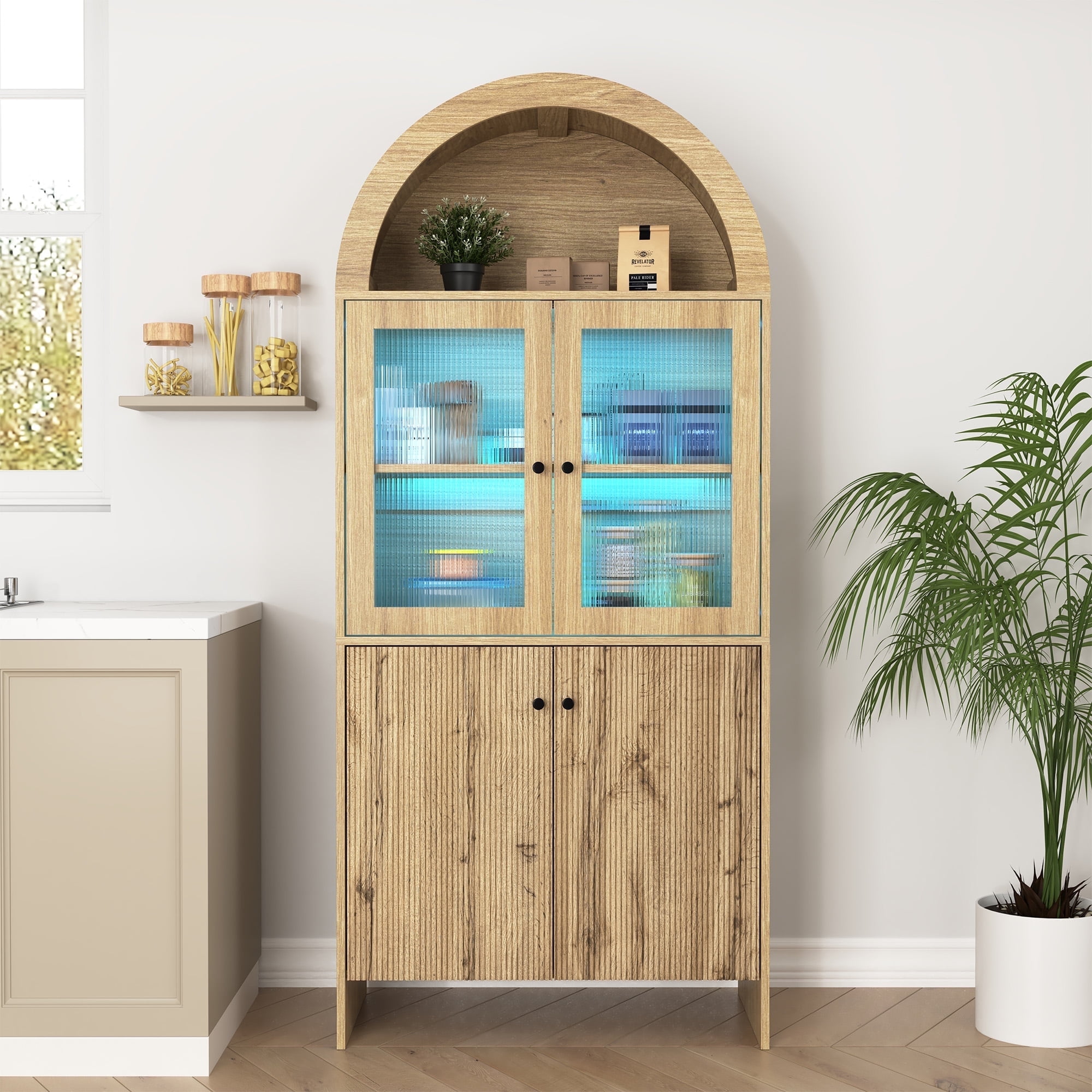 JUFU 69 inch Arched Pantry Cabinet, Fluted Glass Door Storage with LED ...