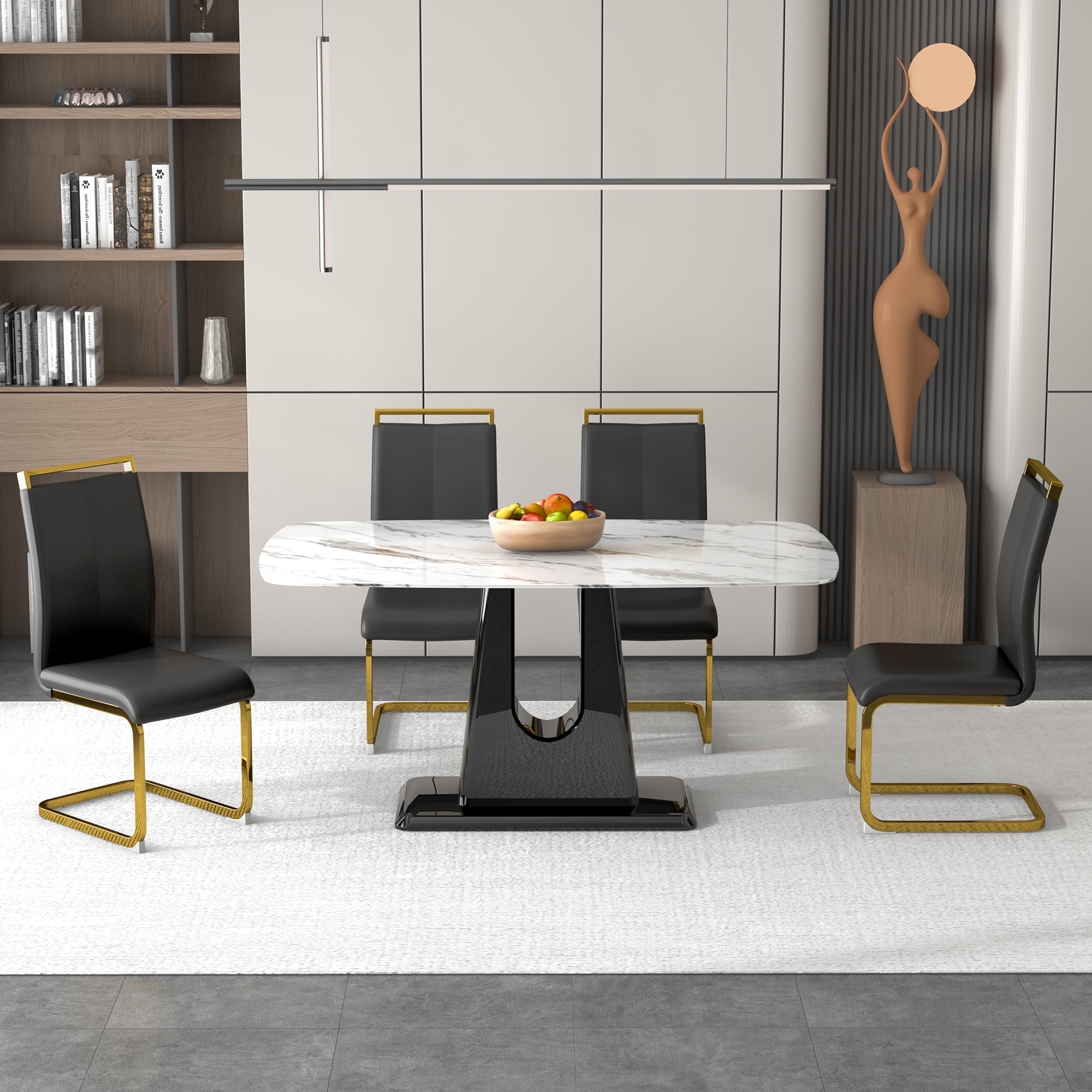 JUFU White Faux Marble Dining Table and 4 Sets of Black PU leather Chairs - Walmart.com