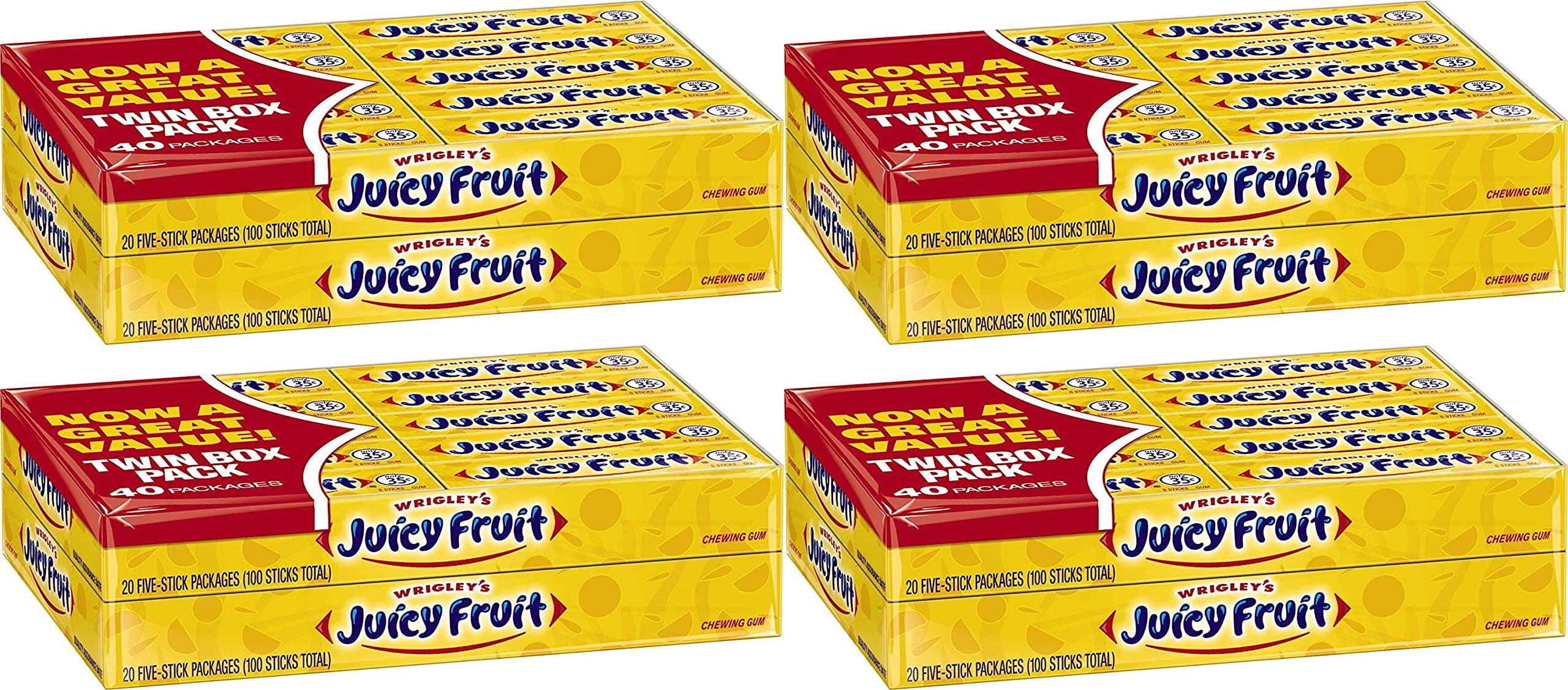 JUICY FRUIT Original Bubble Chewing Gum, 5 Stick (40 Packs) Pack of 4 ...