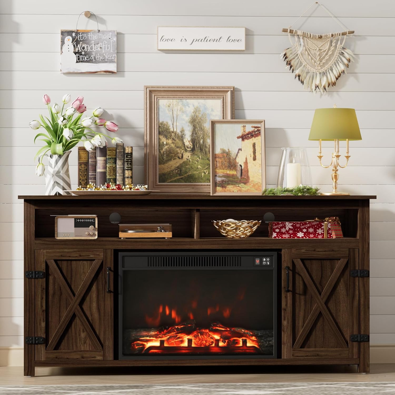 JUIJOWGTGW Farmhouse Fireplace TV Stand for TVs Up to 65 Inch Highboy ...